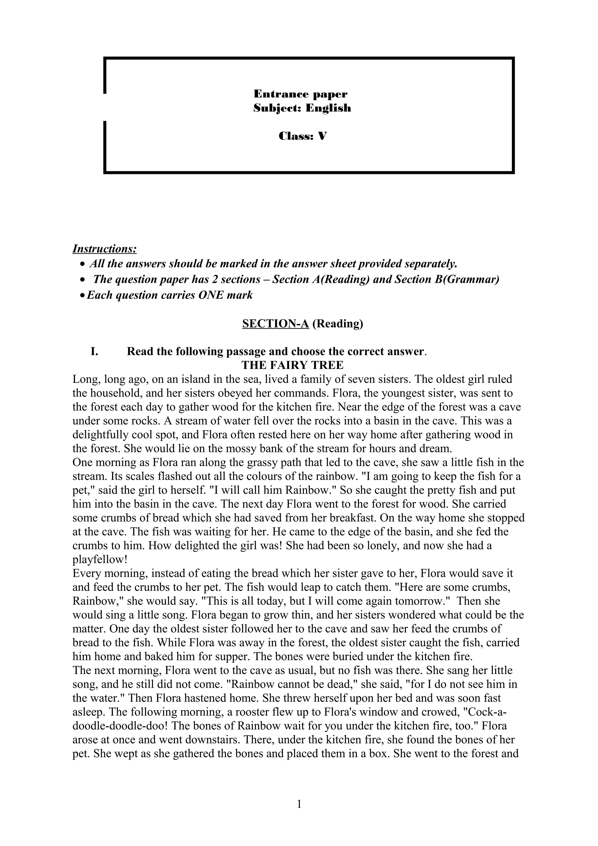 Entrance Exam Grade 5 | DOC