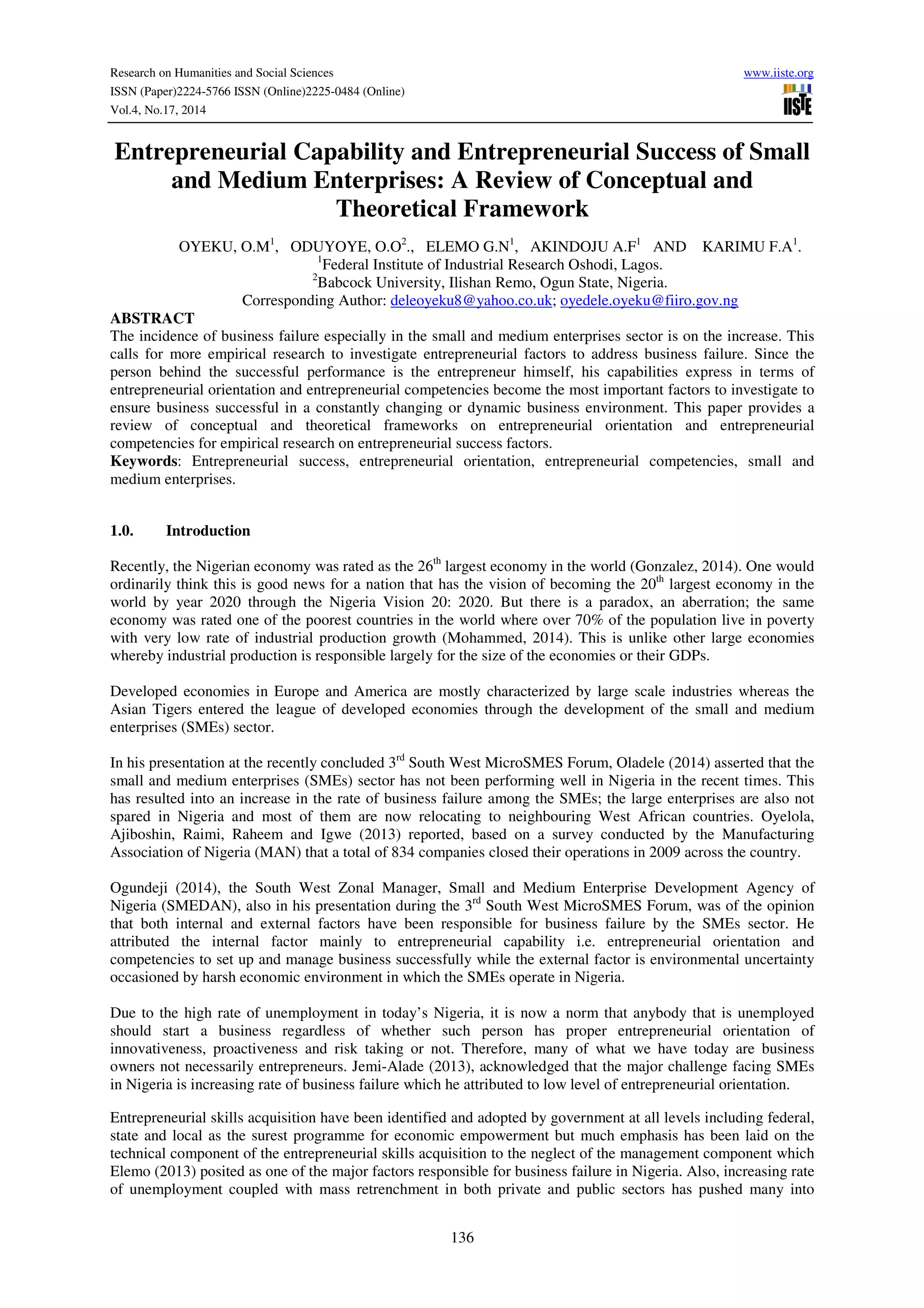 Entrepreneurial capability and entrepreneurial success of small | PDF