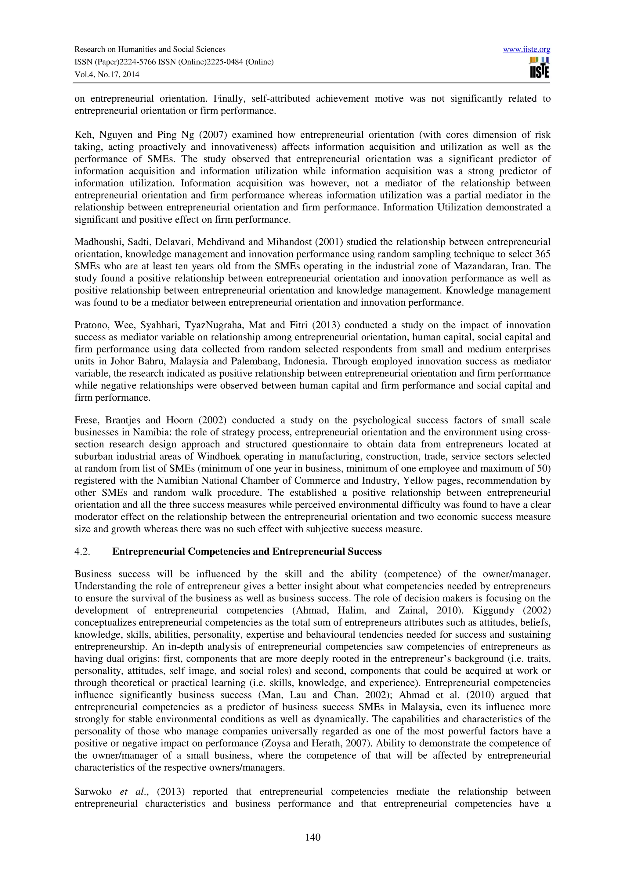 Entrepreneurial capability and entrepreneurial success of small | PDF