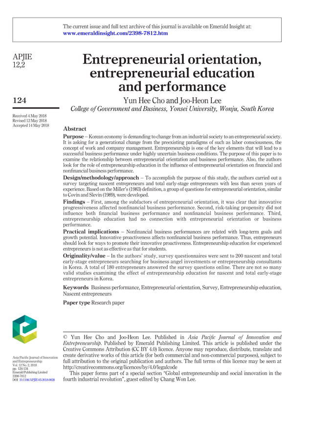 Entrepreneurial orientation, entrepreneurial education and performance | PDF