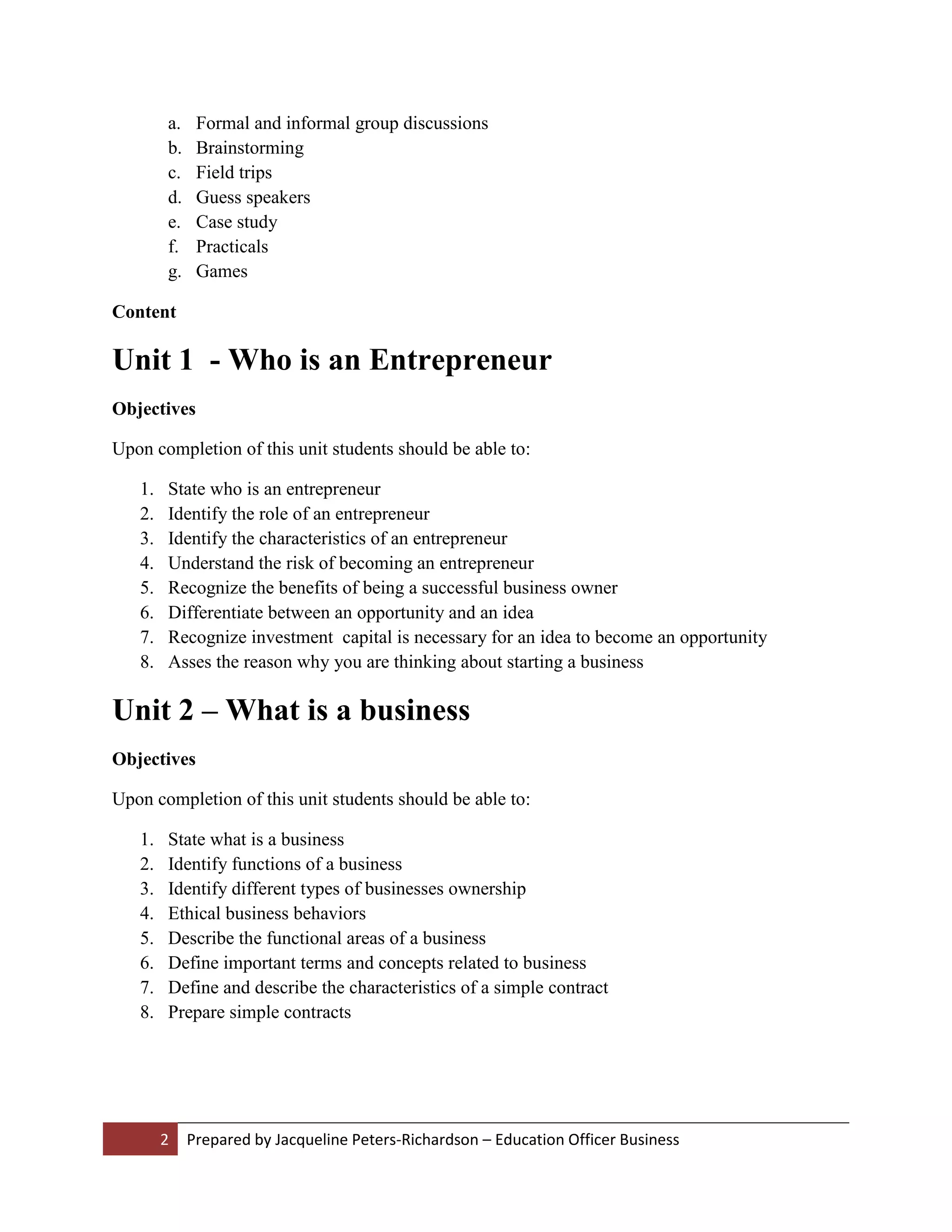 Entrepreneurial skills curriculum | DOCX