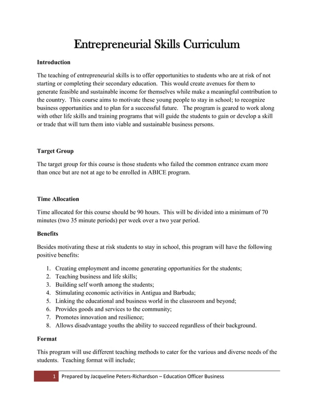 Entrepreneurial skills curriculum | DOCX | Business Administration ...
