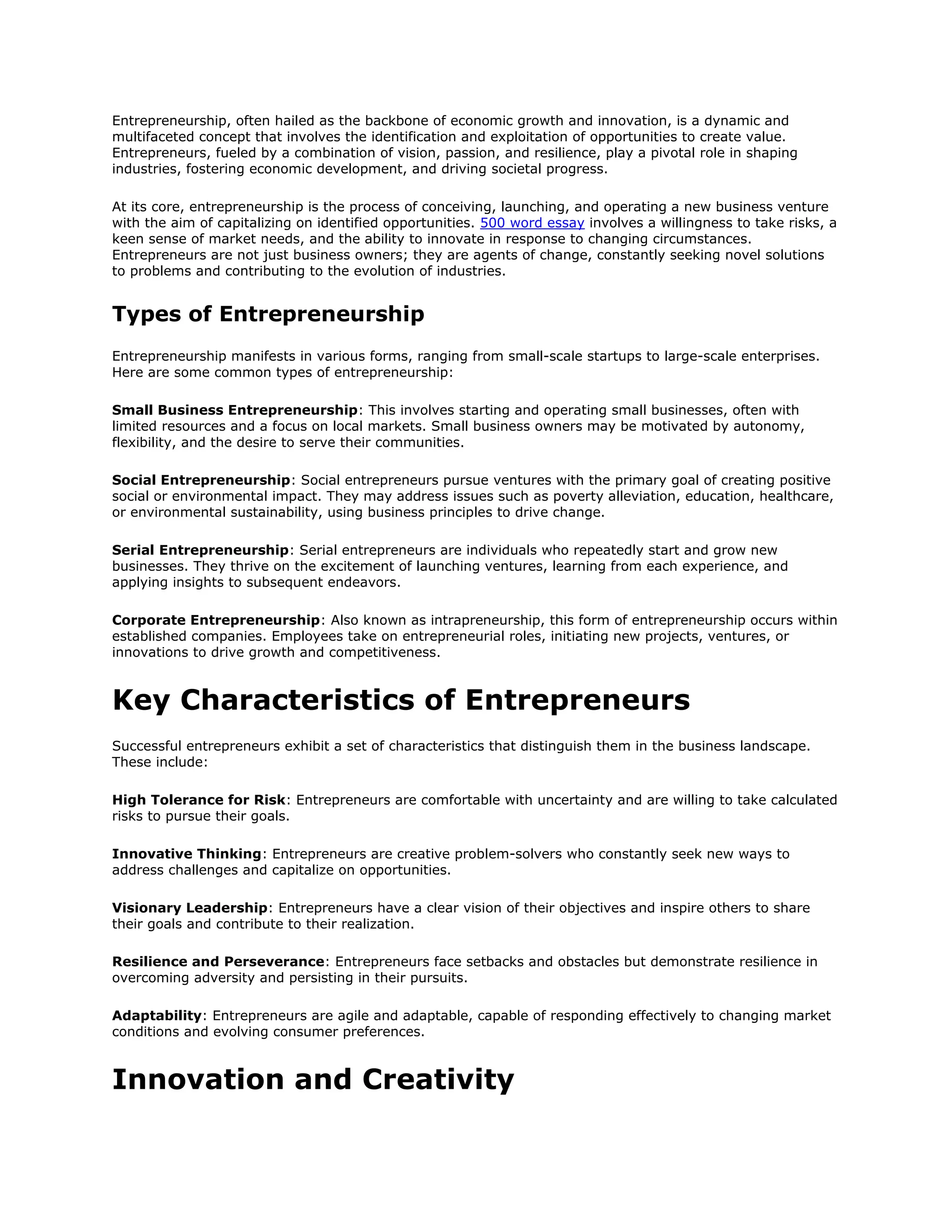 500 Word Essays About Entrepreneurship and Its Types | PDF