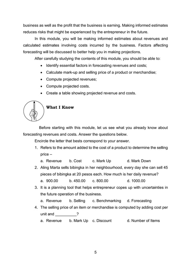 Entrepreneurship12_q2_Mod7_forecasting Revenues and Costs Department_v4 ...