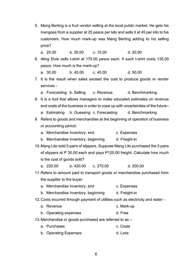 Entrepreneurship12_q2_Mod7_forecasting Revenues and Costs Department_v4 ...