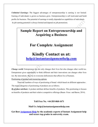 Sample Report on Entrepreneurship and Acquiring a Business | PDF