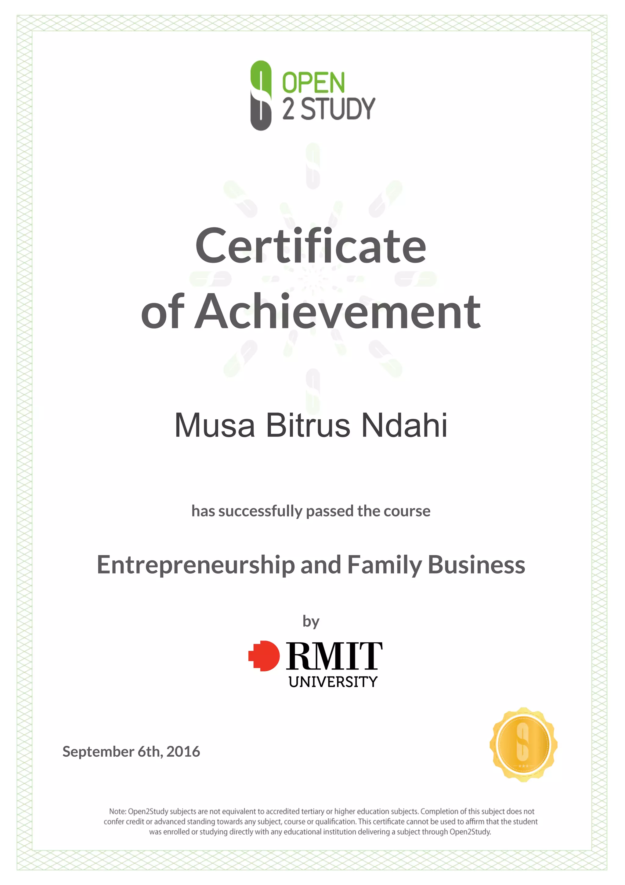Entrepreneurship and family business course certificate | PDF