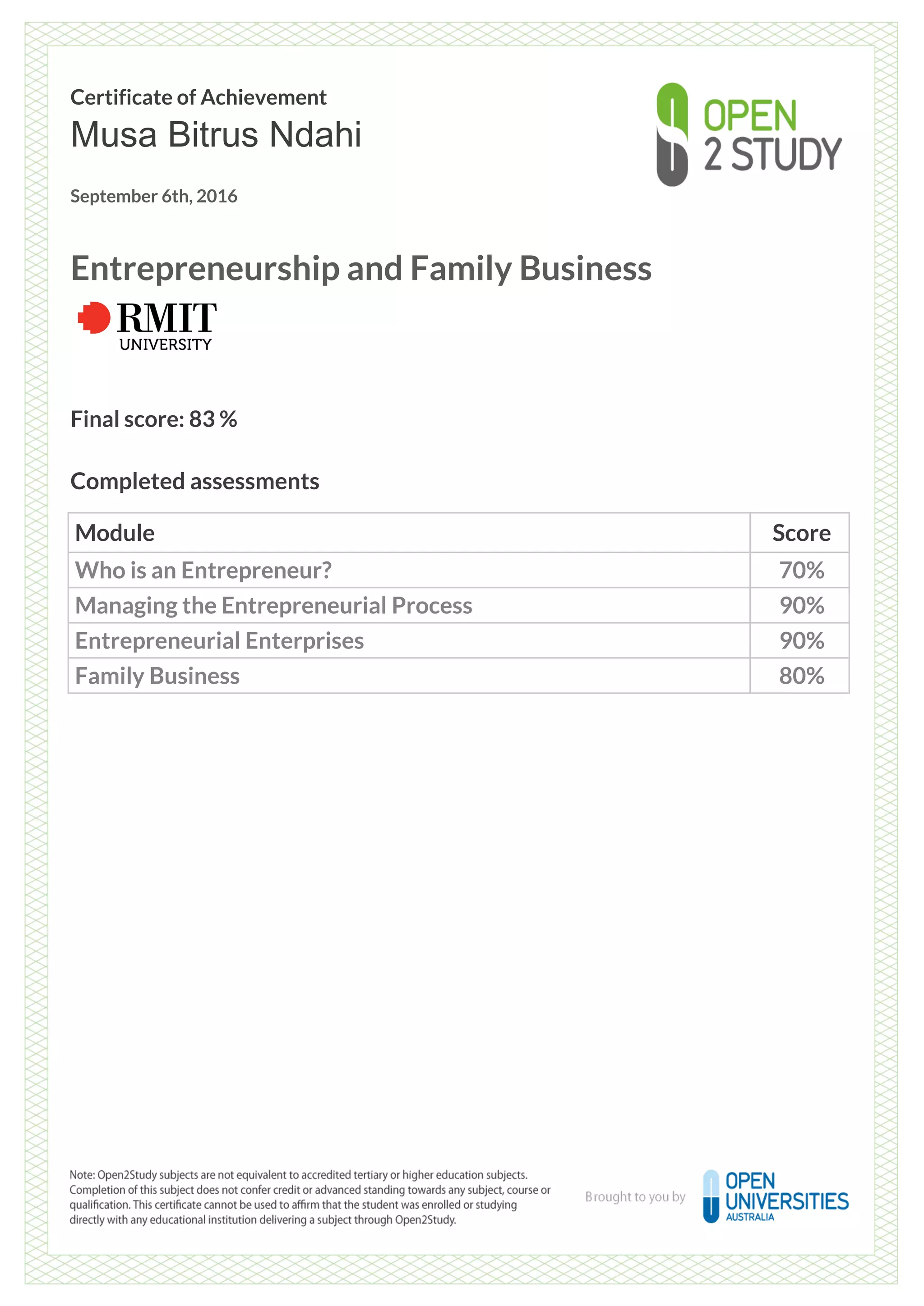Entrepreneurship and family business course certificate | PDF