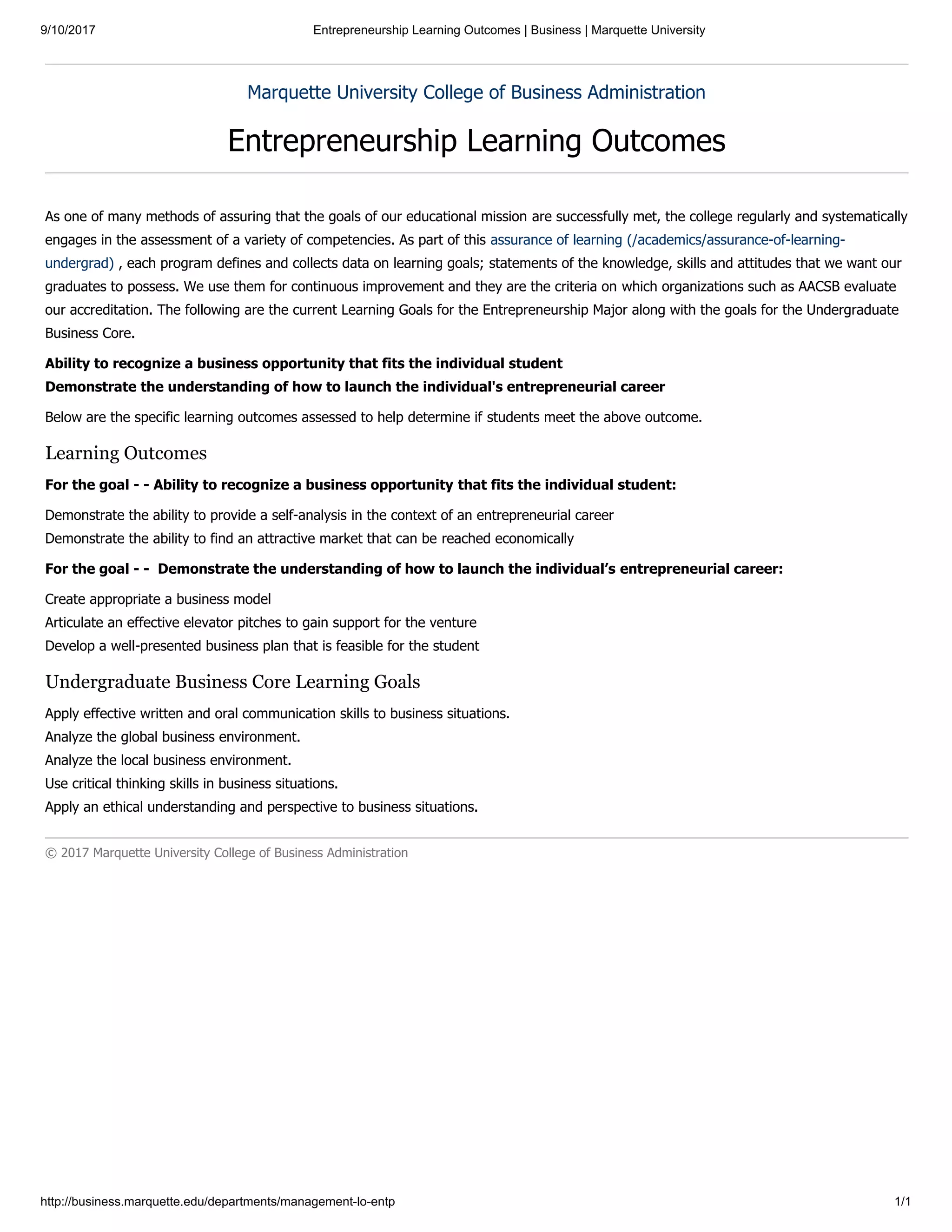 Entrepreneurship learning outcomes | PDF