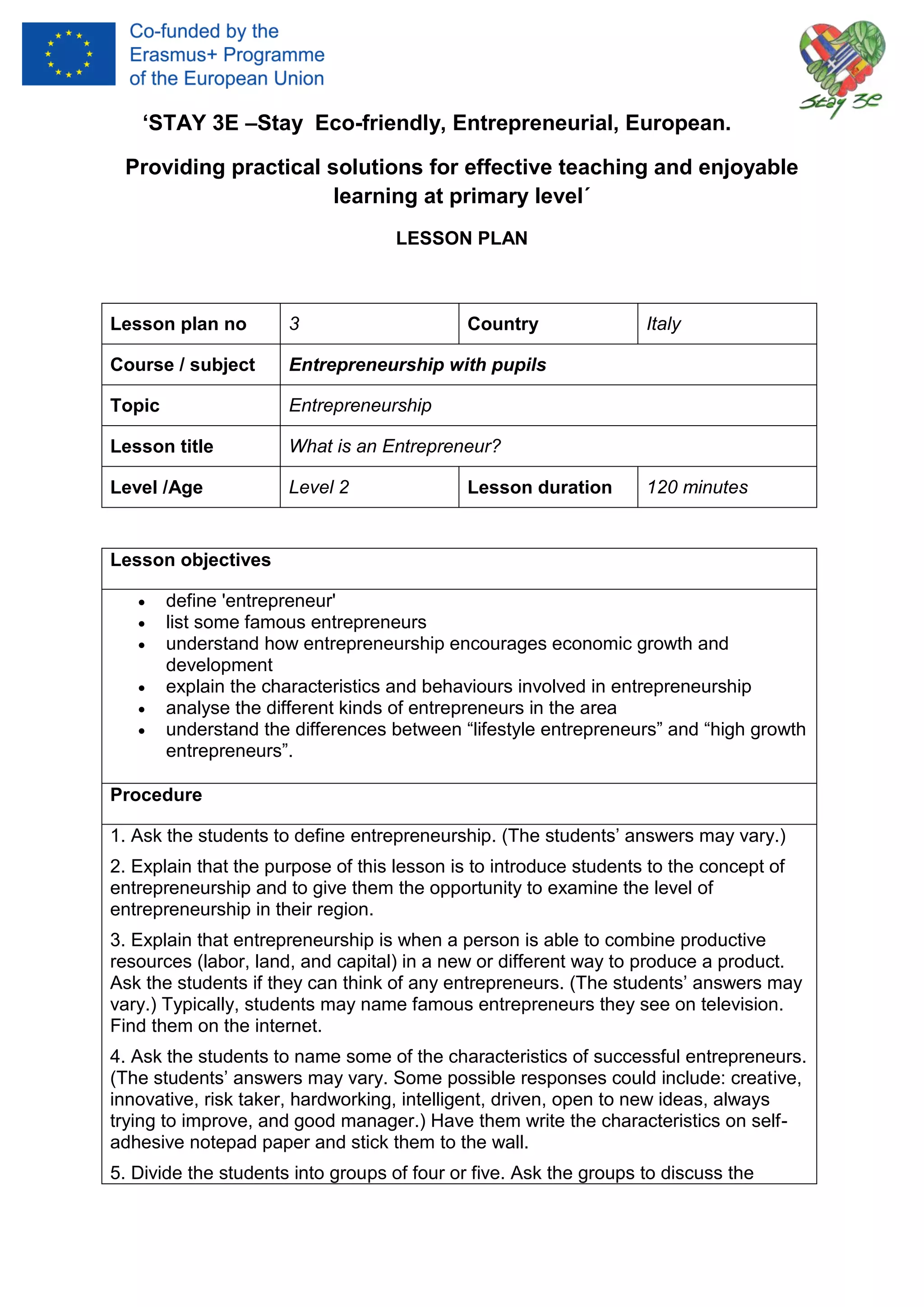 STAY 3E Entrepreneurship lesson plans' book | PDF