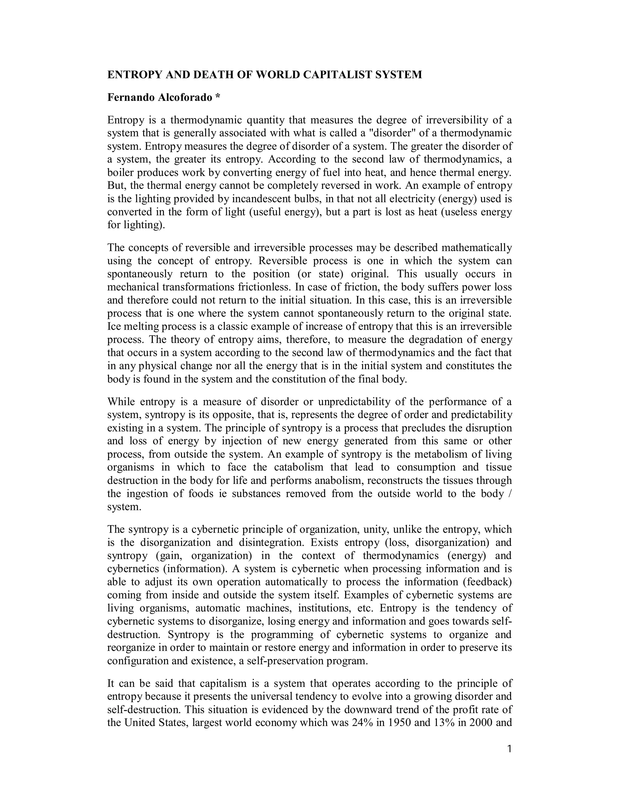 Entropy and death of world capitalist system | PDF