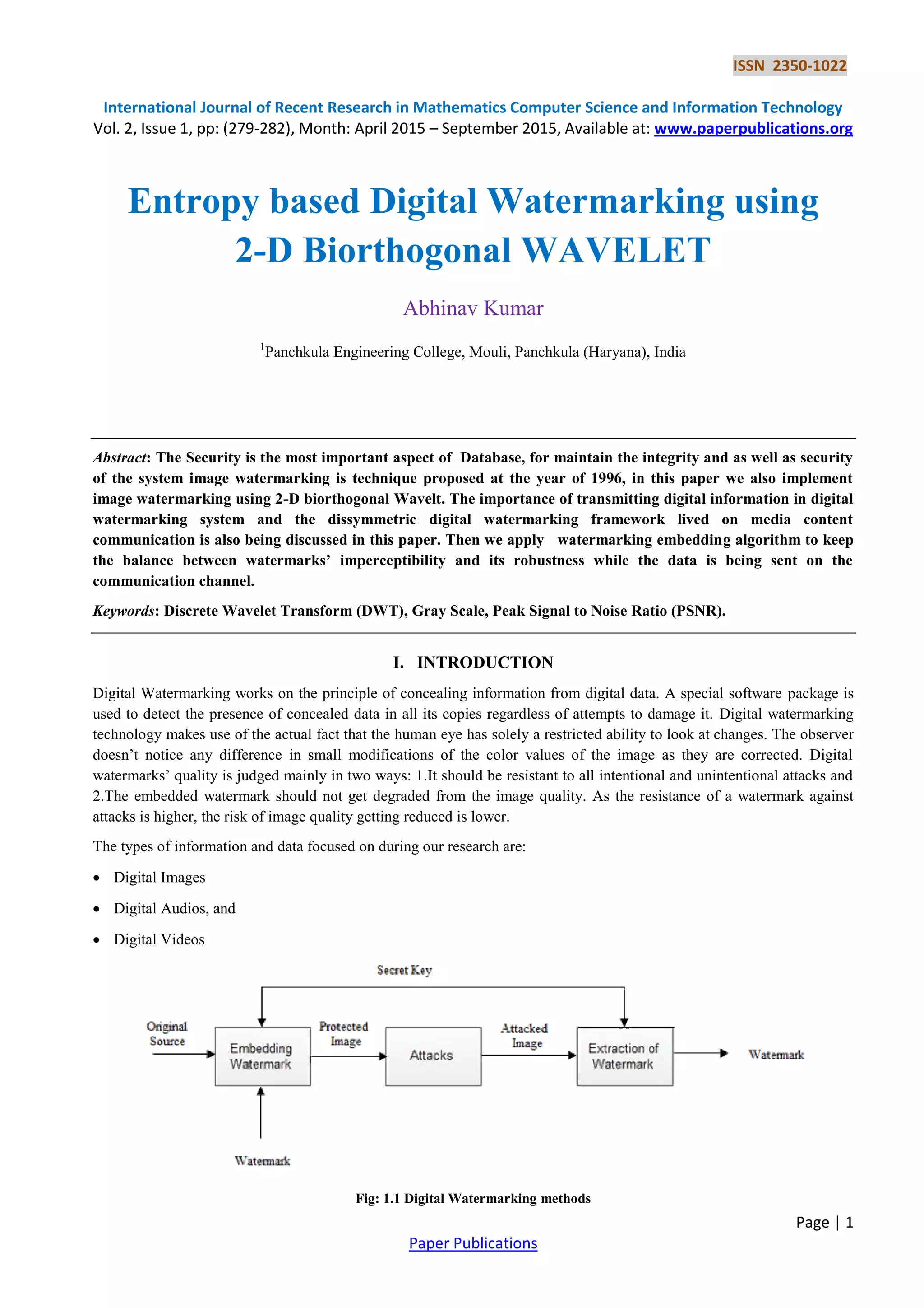 Entropy based Digital Watermarking using 2-D Biorthogonal WAVELET | PDF