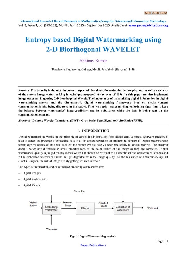 Entropy based Digital Watermarking using 2-D Biorthogonal WAVELET | PDF | Web Development | Internet