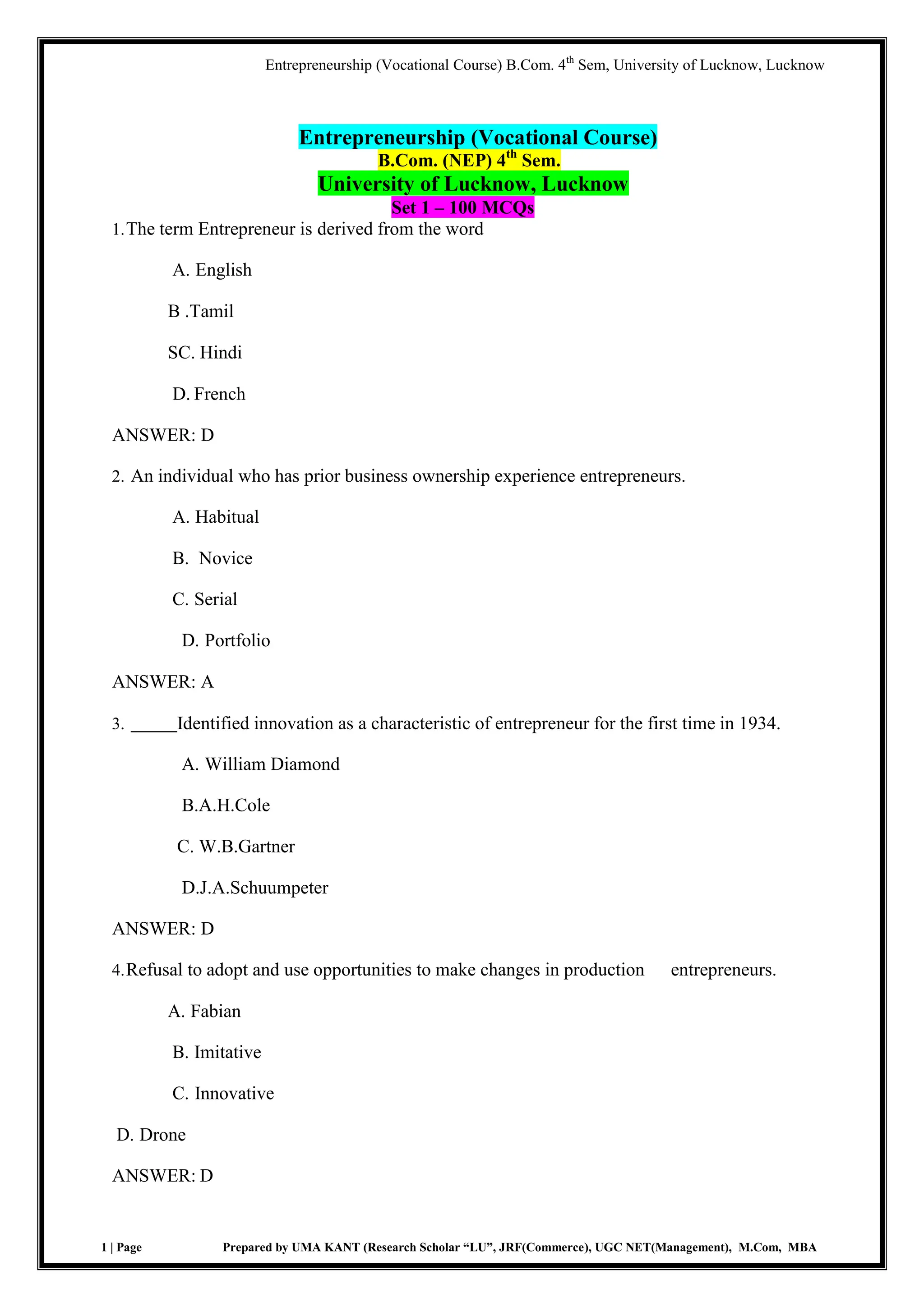 Entrepreneurships B.Com (NEP) 4th Sem Lucknow University Practice Set 1 and 2.pdf