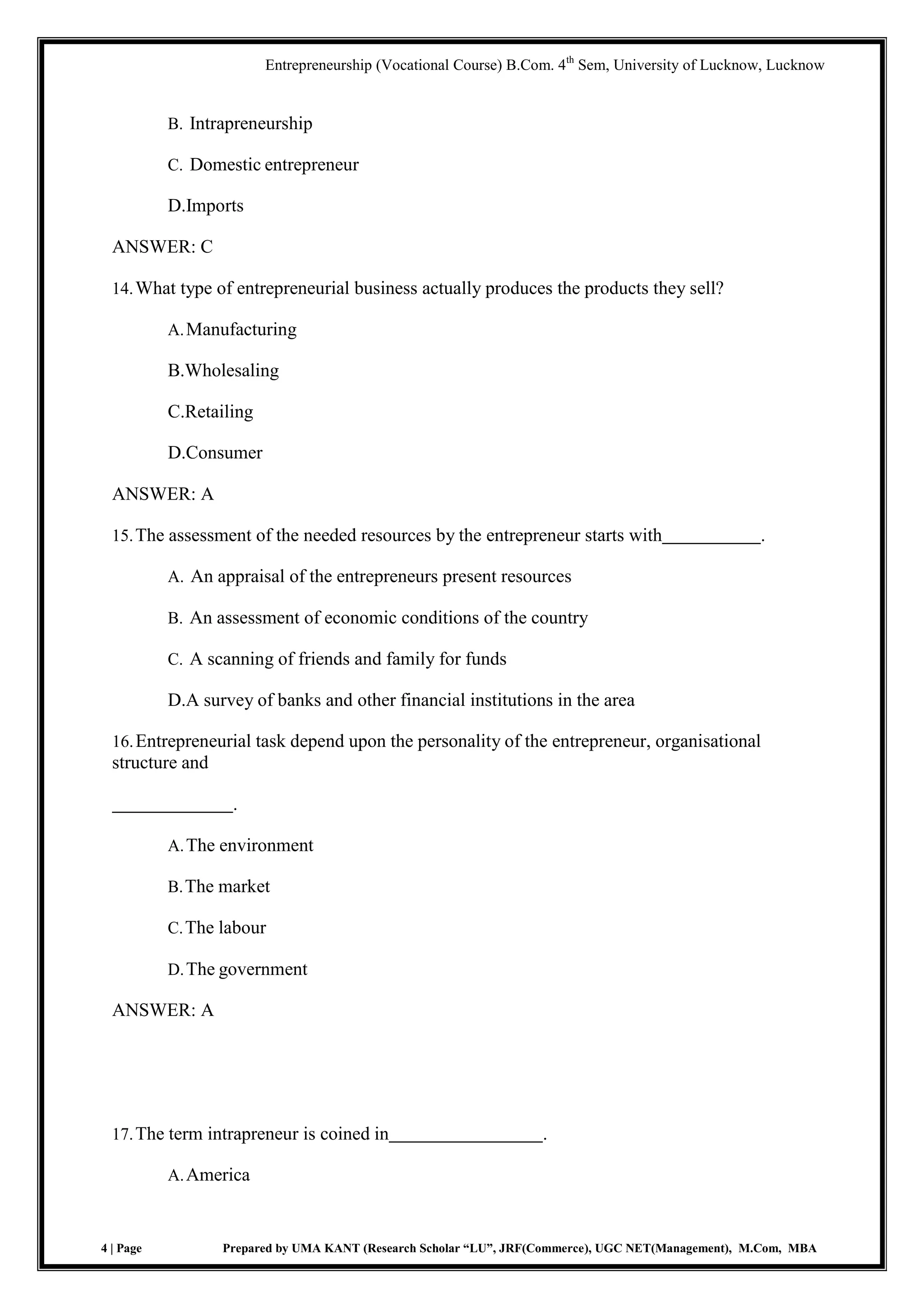 Entrepreneurships B.Com (NEP) 4th Sem Lucknow University Practice Set 1 and 2.pdf