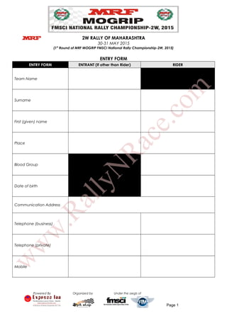 Entry form mrf 2 w rally of maharashtra | DOC