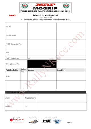 Entry form mrf 2 w rally of maharashtra | DOC