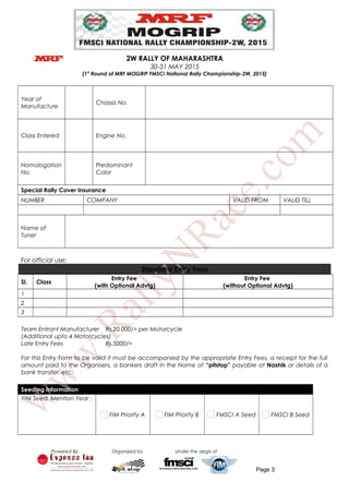 Entry form mrf 2 w rally of maharashtra | DOC | Motorcycles | Automotive
