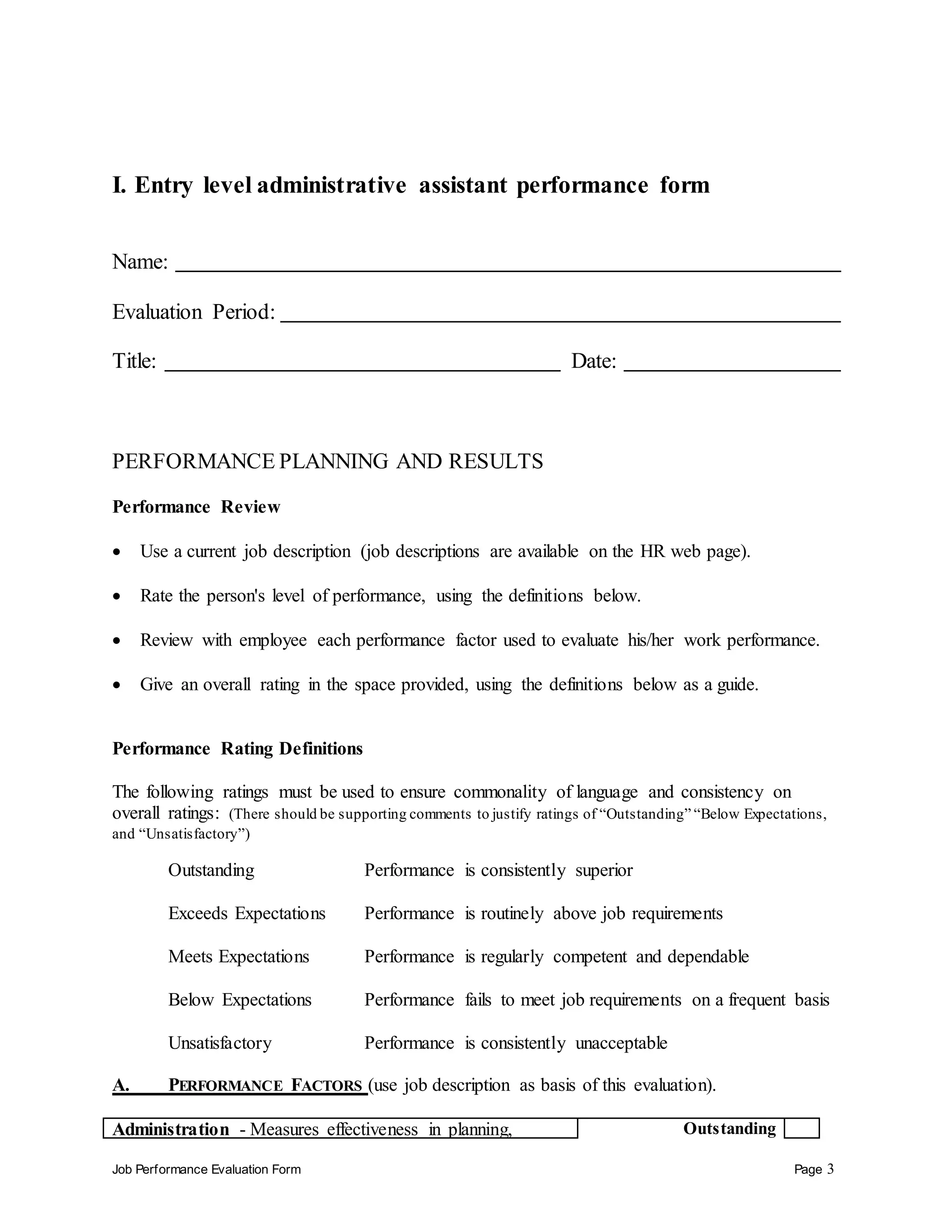Entry level administrative assistant performance appraisal | DOCX