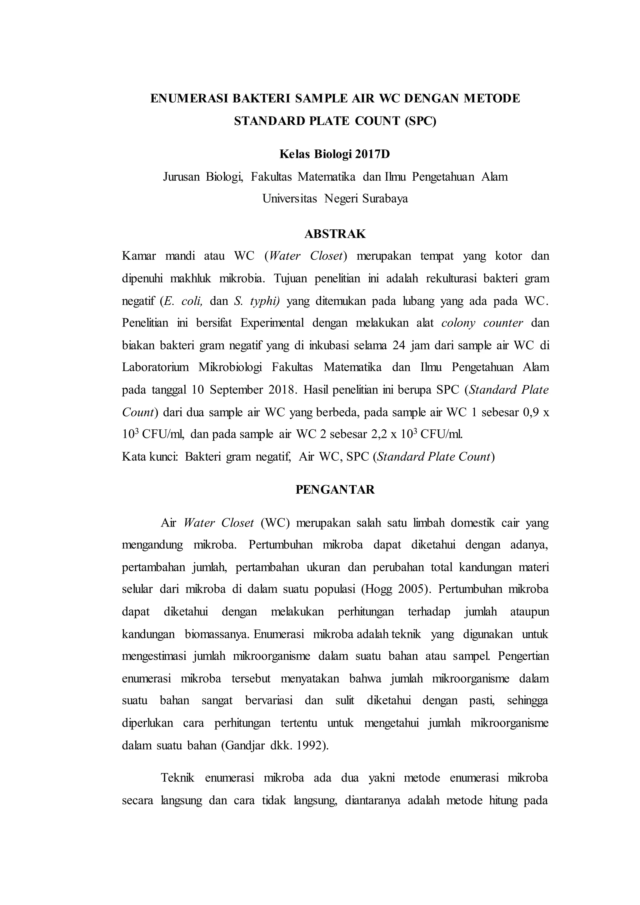 Artikel Ilmiah: Enumerasi Bakteri Sampel Air WC Dengan Metode Standart ...