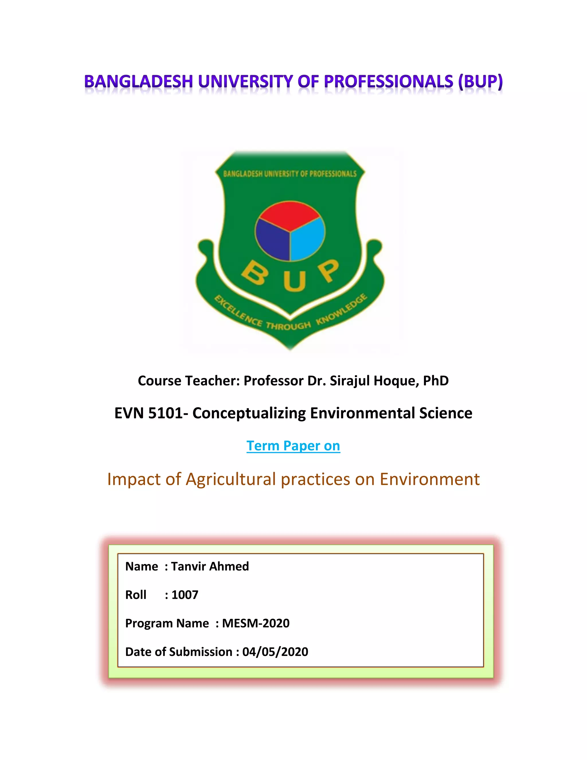 Impact of agricultural practices on environment | PDF