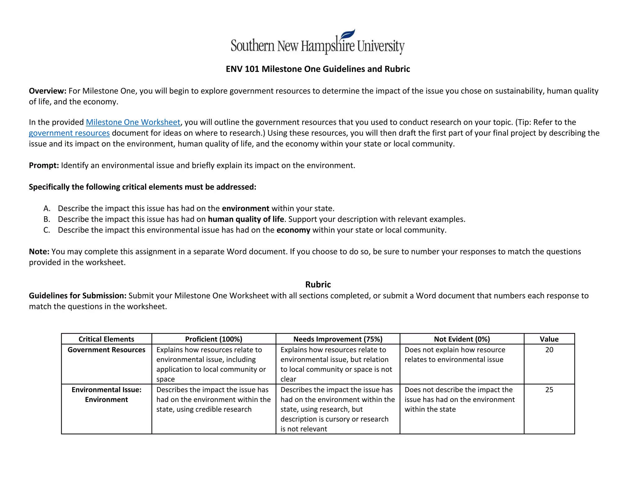 Env 101 milestone one guidelines and rubric | PDF