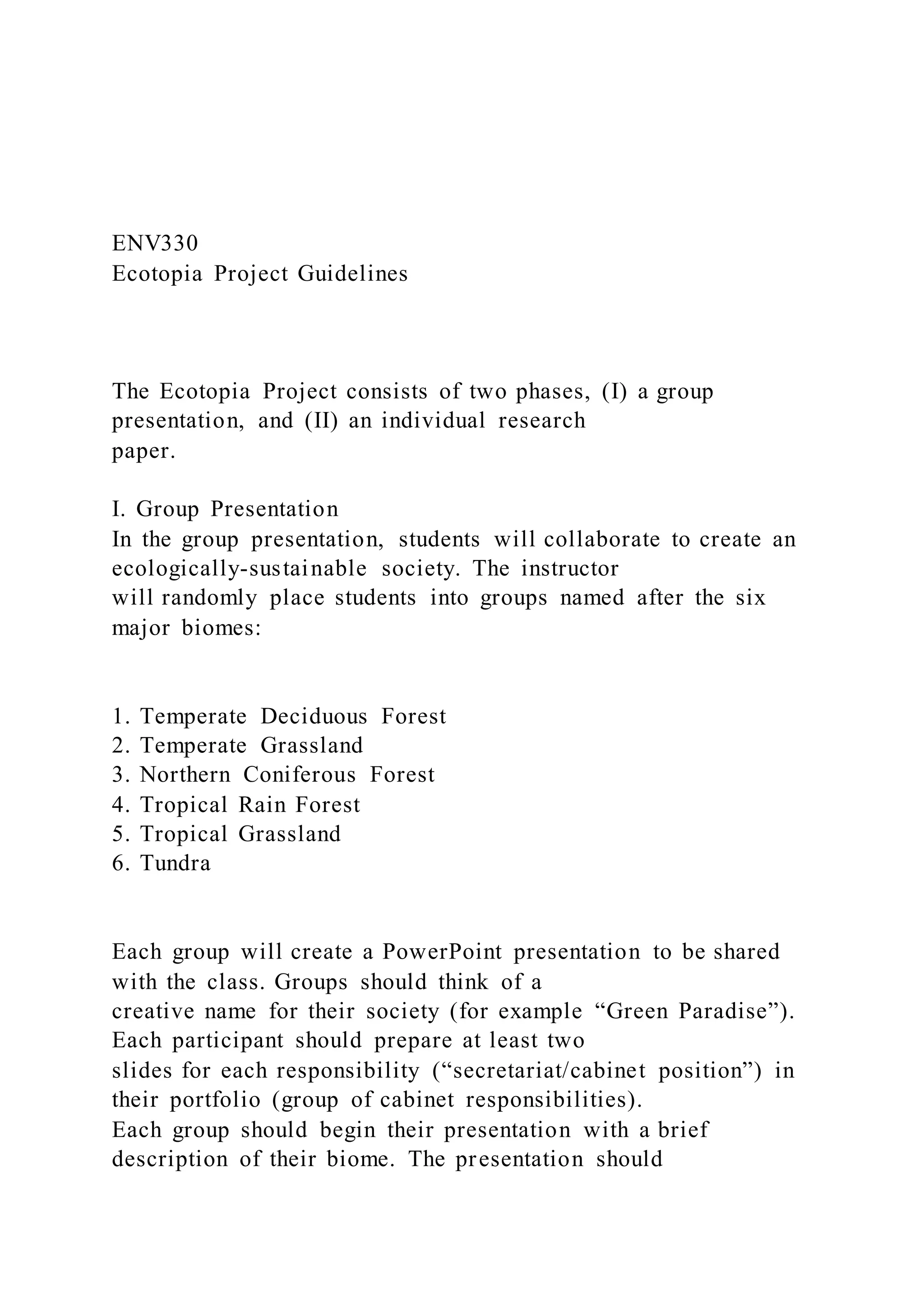 ENV330 Ecotopia Project Guidelines The Ecotopia Pr | DOCX