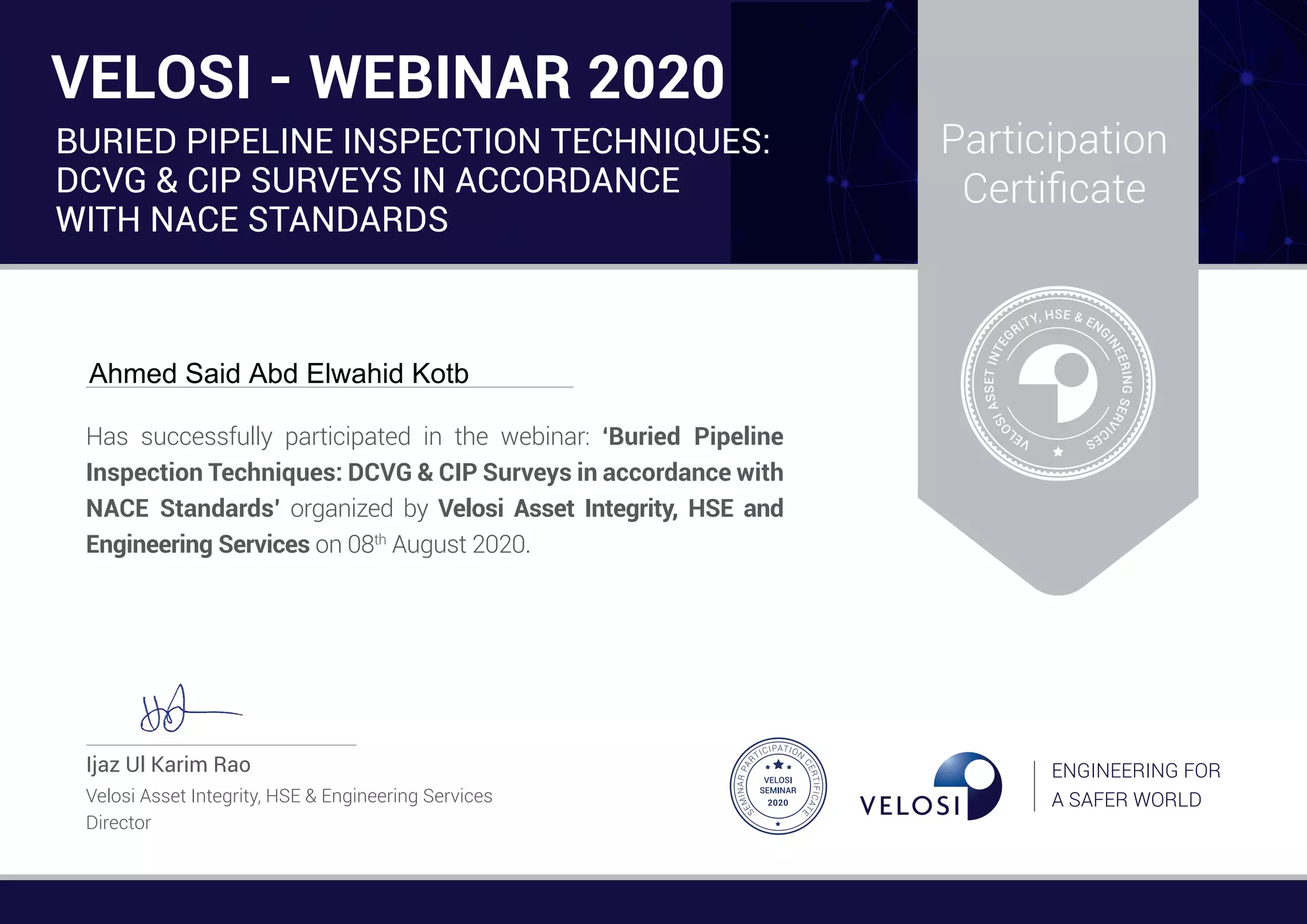 Certificate of Completion "Buried Pipeline Inspection Techniques DCVG & CIP Surveys in ...