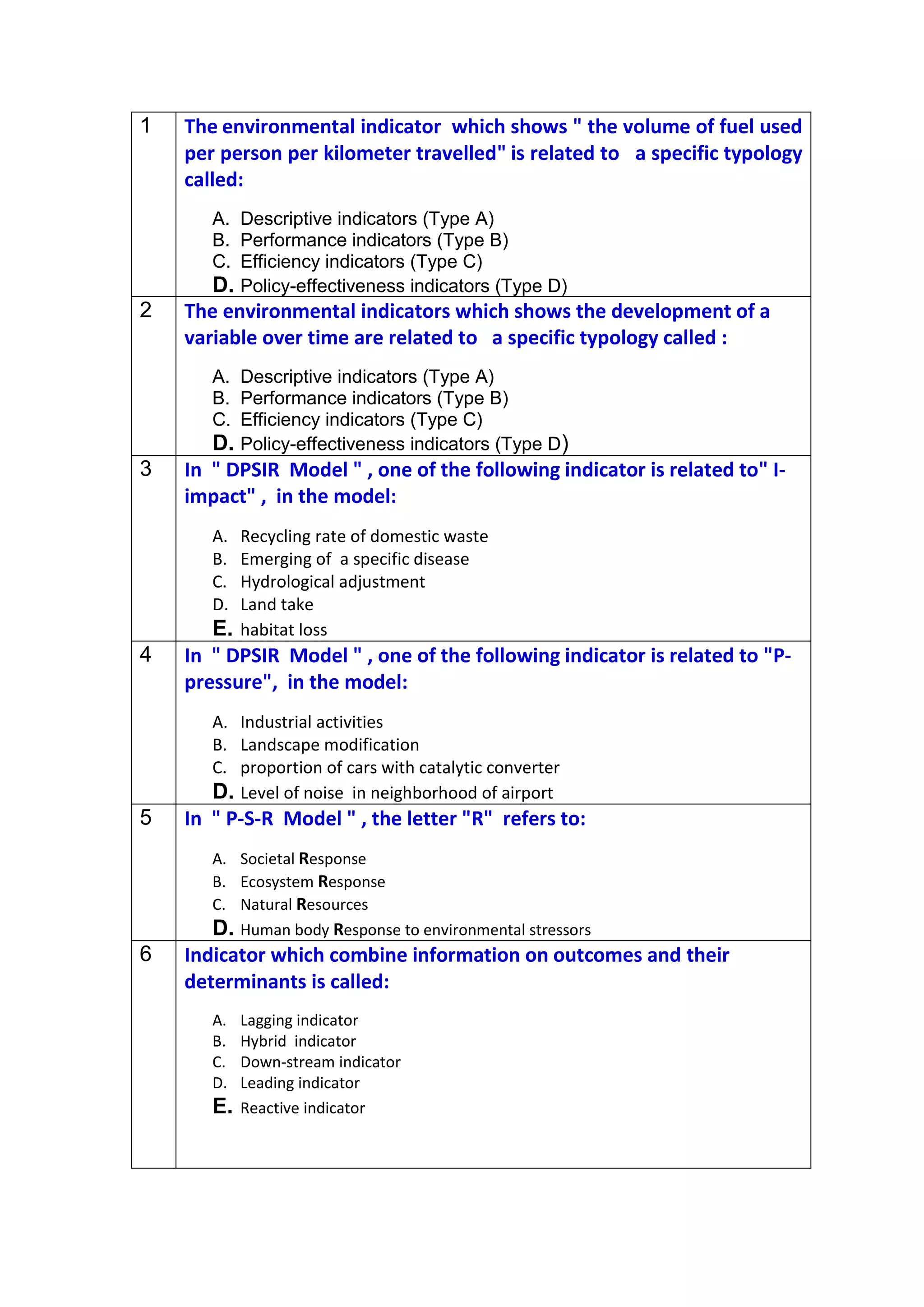 Environmental health-indicators-models-mc qs | PDF