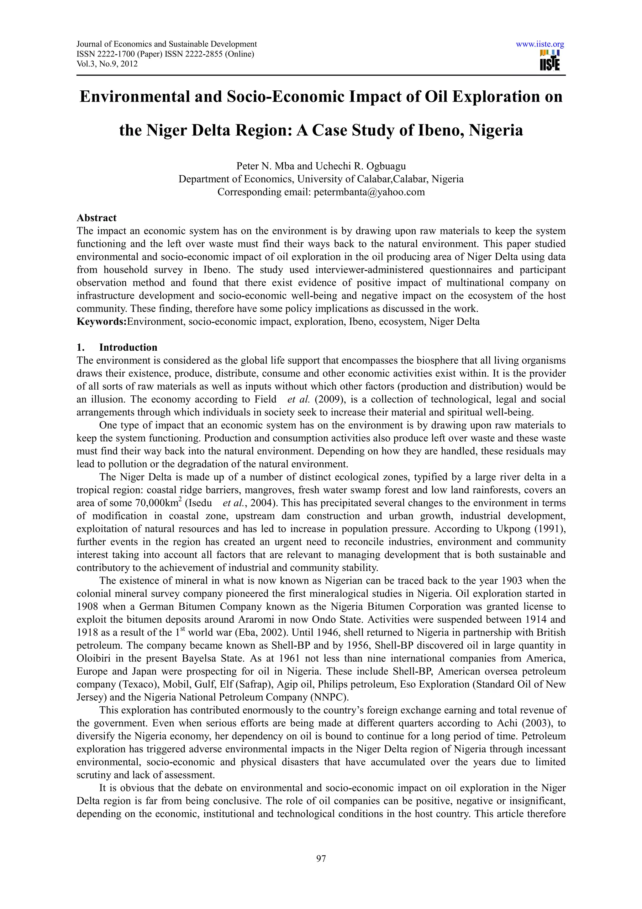 Environmental and socio economic impact of oil exploration on the niger ...