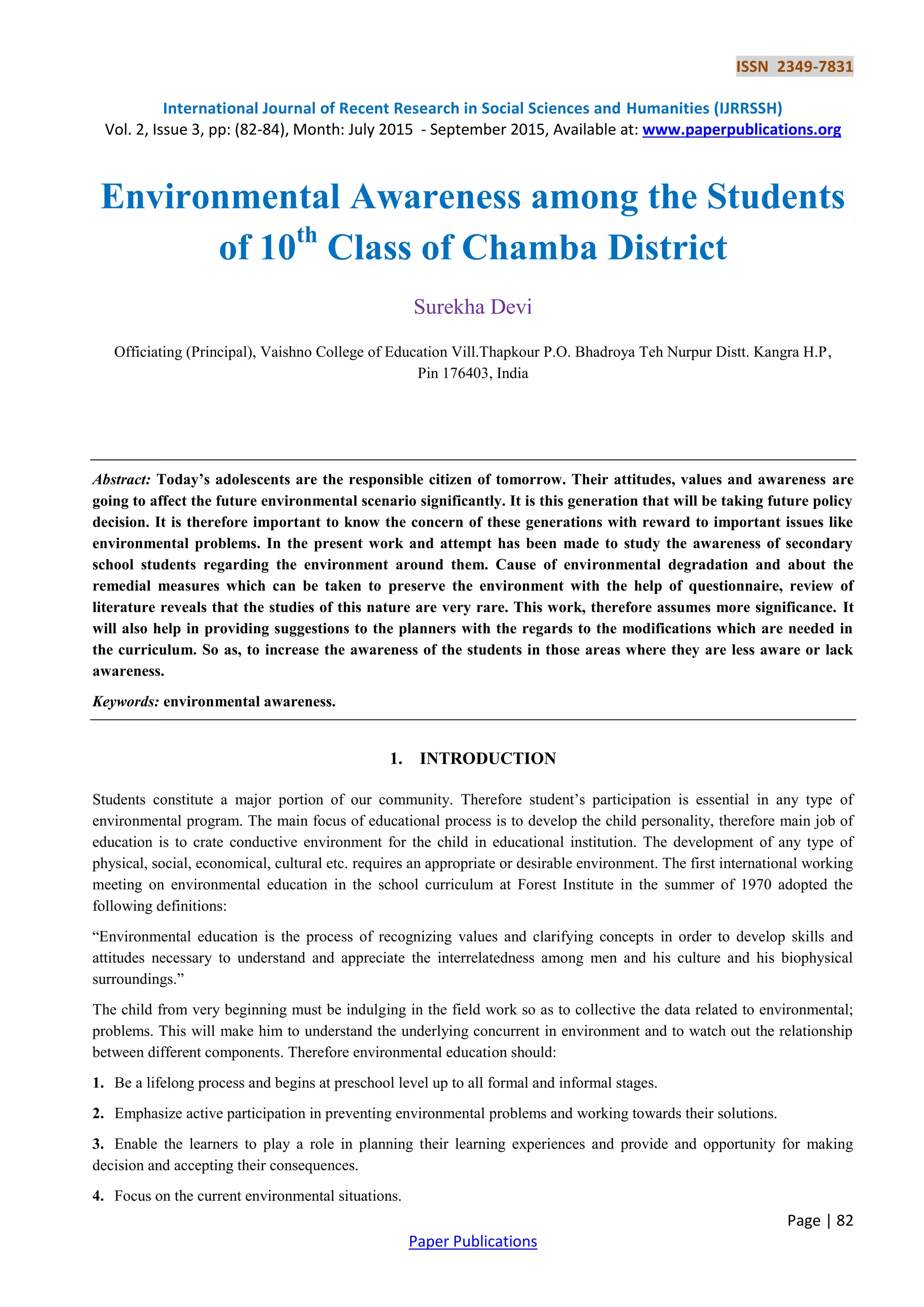 Environmental Awareness among the Students of 10th Class of Chamba ...