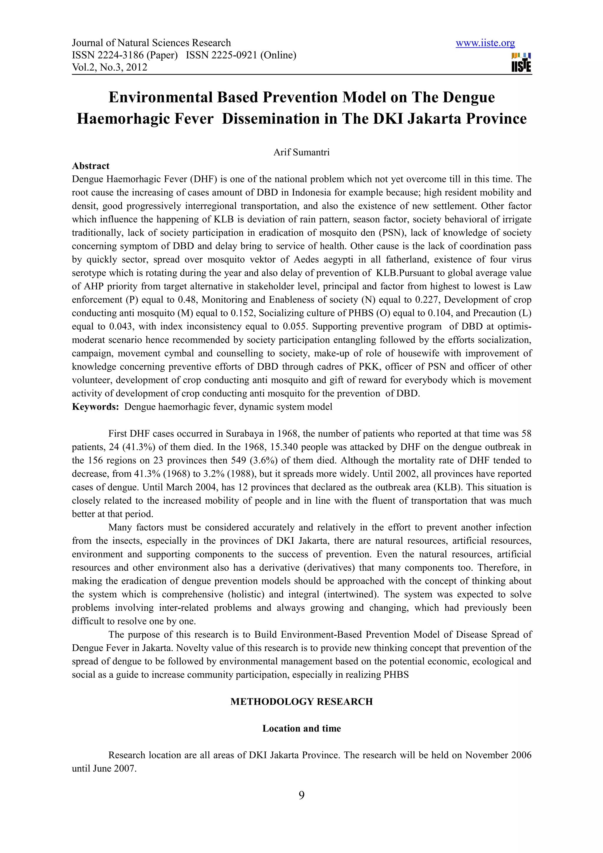 Environmental based prevention model on the dengue haemorhagic fever ...