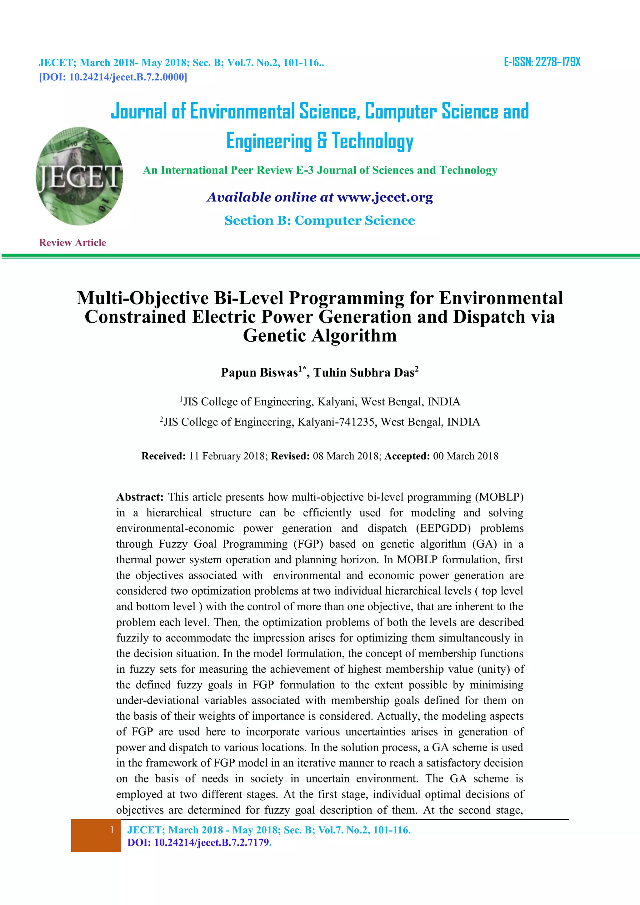 Environmental constrained electric power generation and dispatch via genetic algorithm | PDF