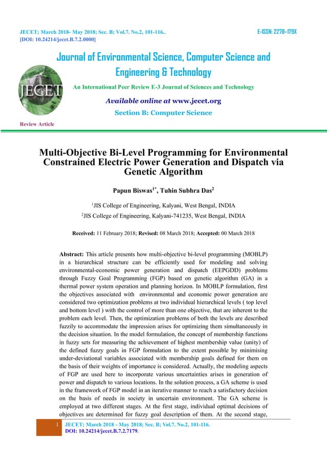 Environmental Constrained Electric Power Generation And Dispatch Via Genetic Algorithm Pdf