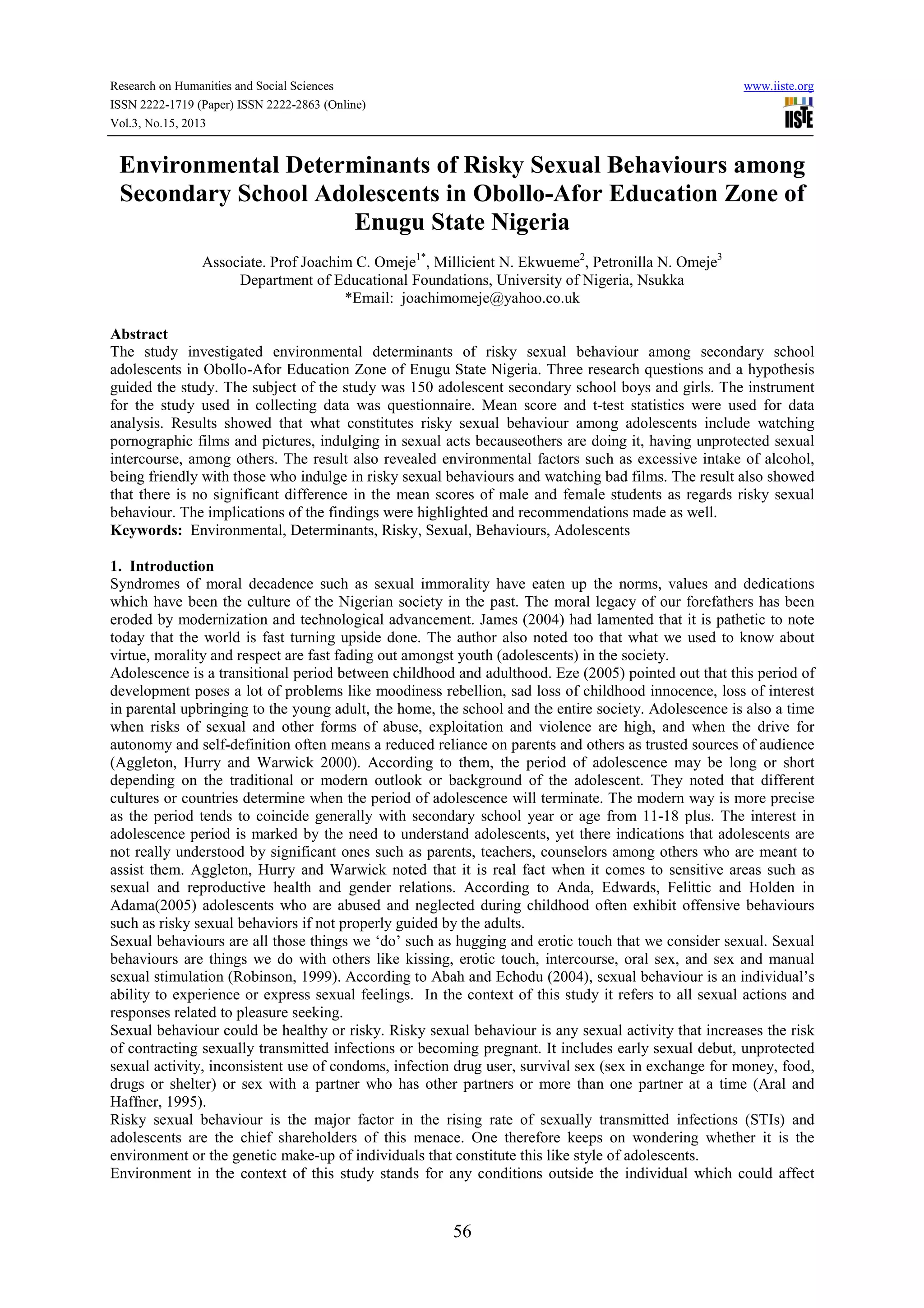 Environmental determinants of risky sexual behaviours among secondary school adolescents in ...