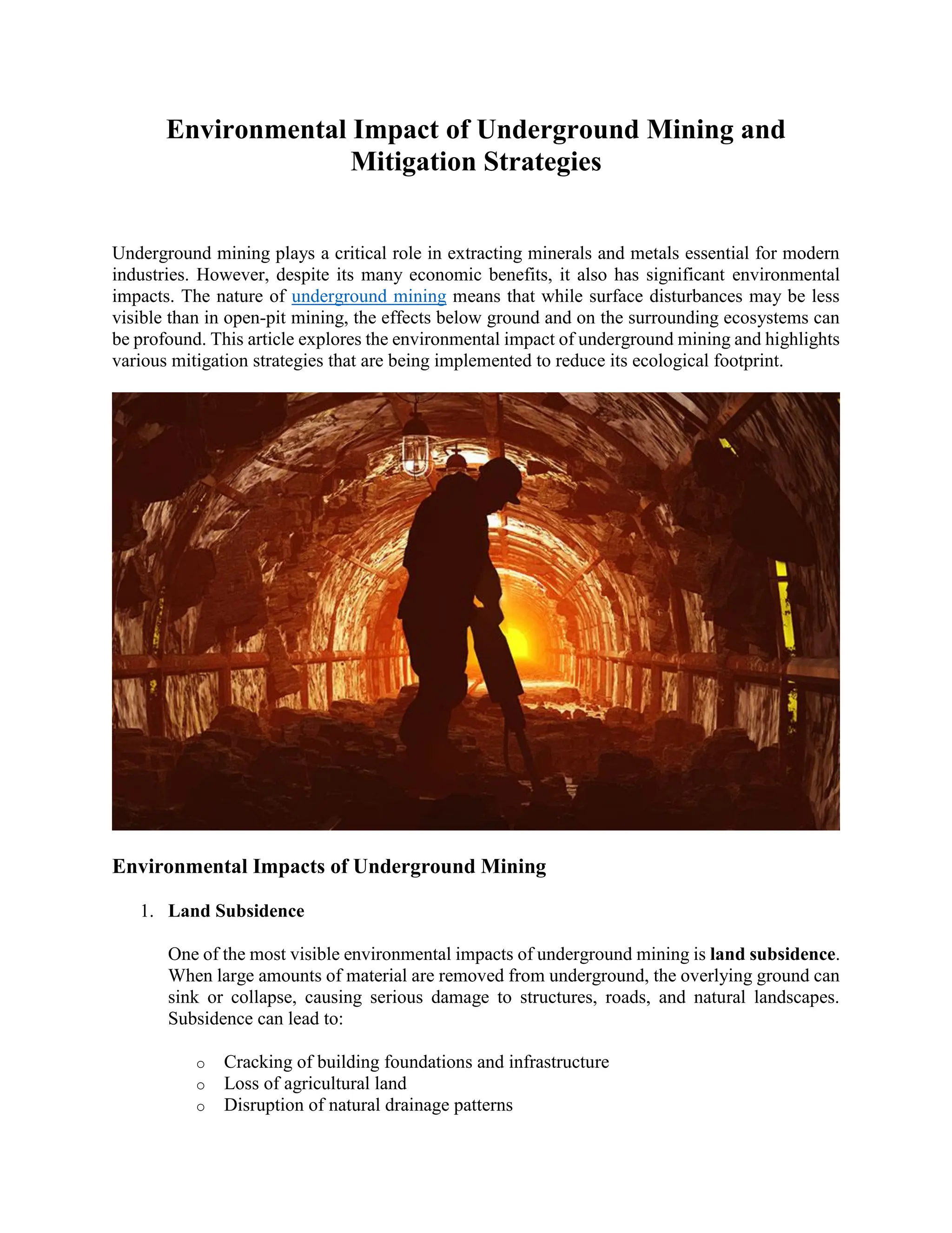 Environmental Impact of Underground Mining and Mitigation Strategies | PDF