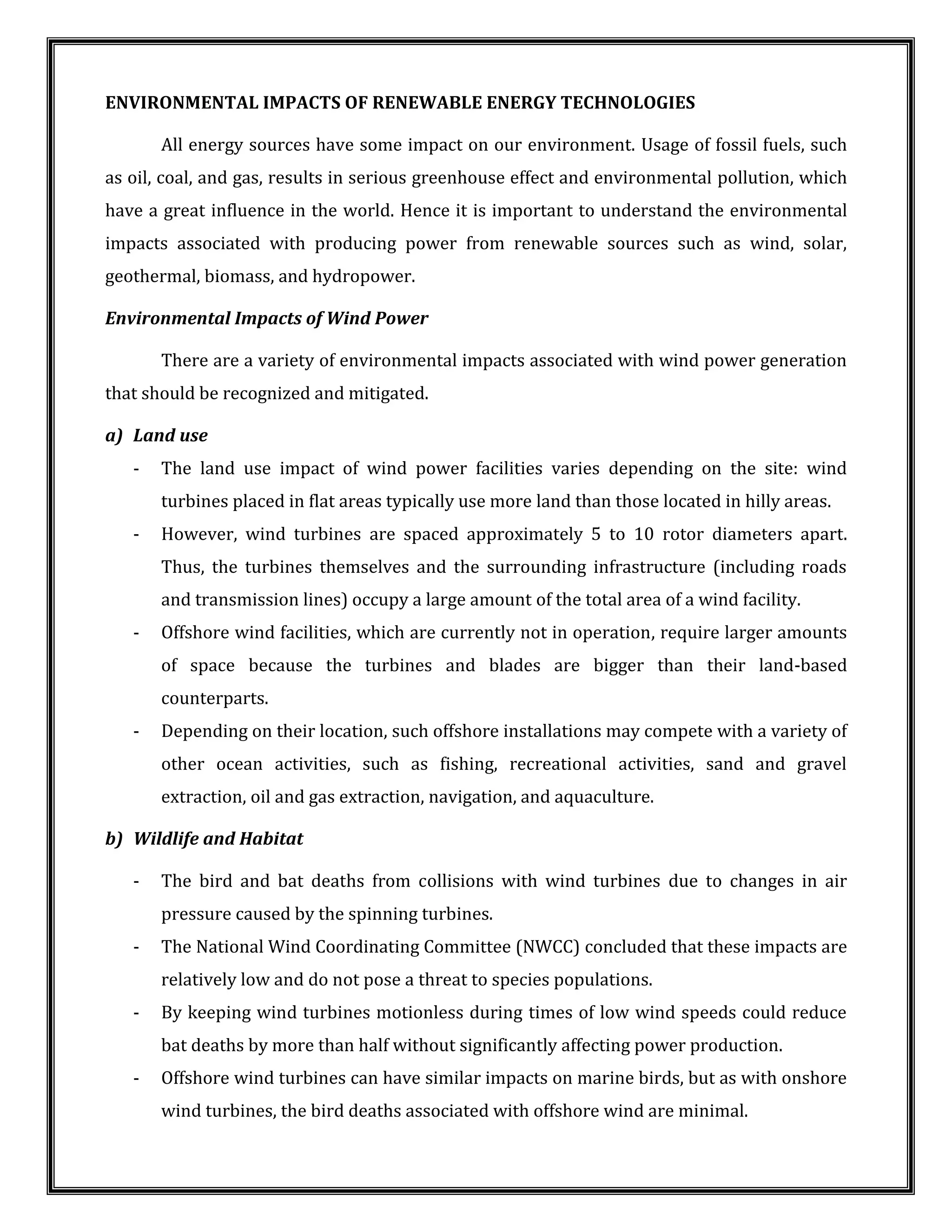 Environmental impacts of renewable energy technologies | PDF ...