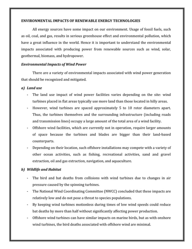 Environmental impacts of renewable energy technologies | PDF ...