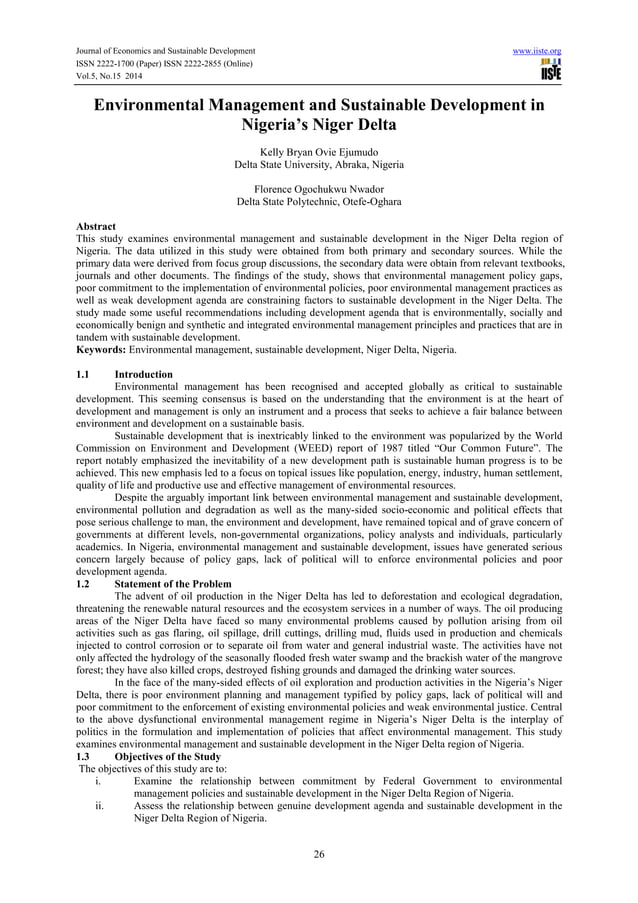Environmental management and sustainable development in nigeria’s niger ...