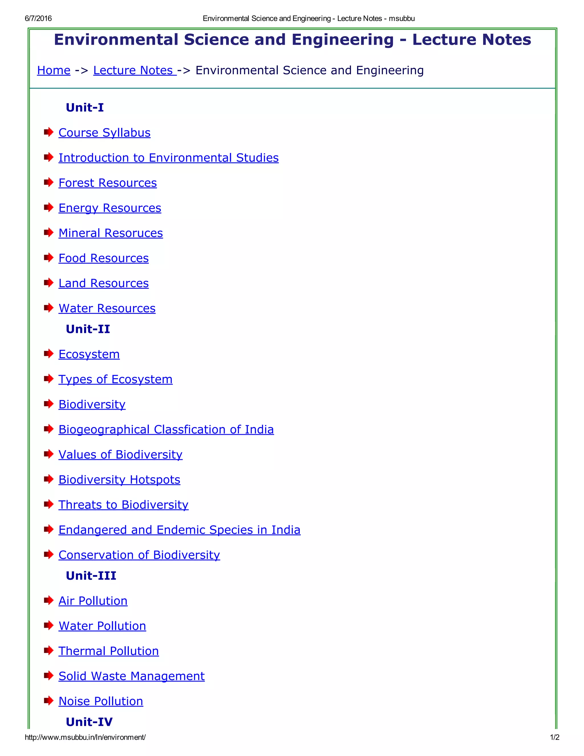 Environmental science and engineering lecture notes - msubbu | PDF