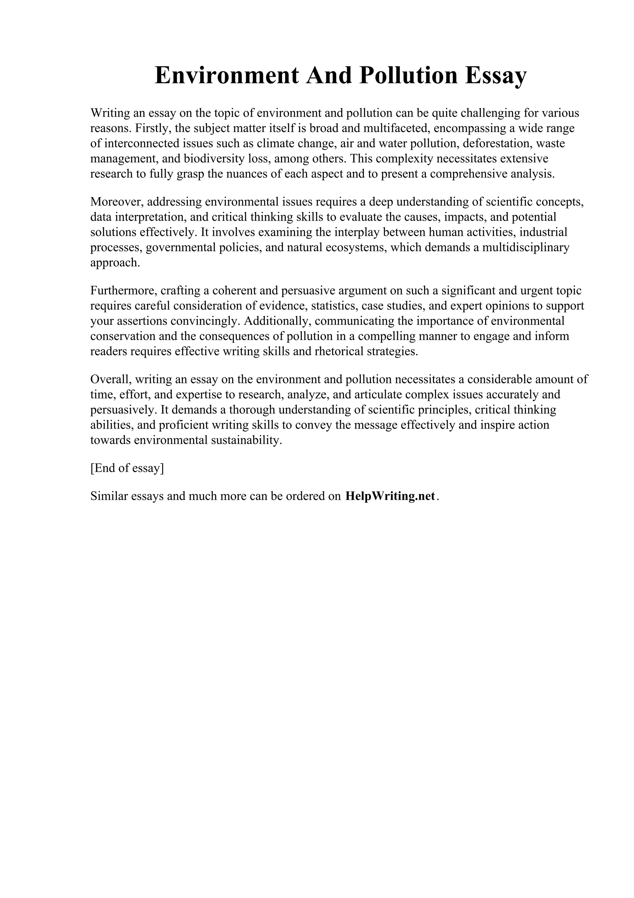 Environment And Pollution Essay. Essay environmental pollution and ...