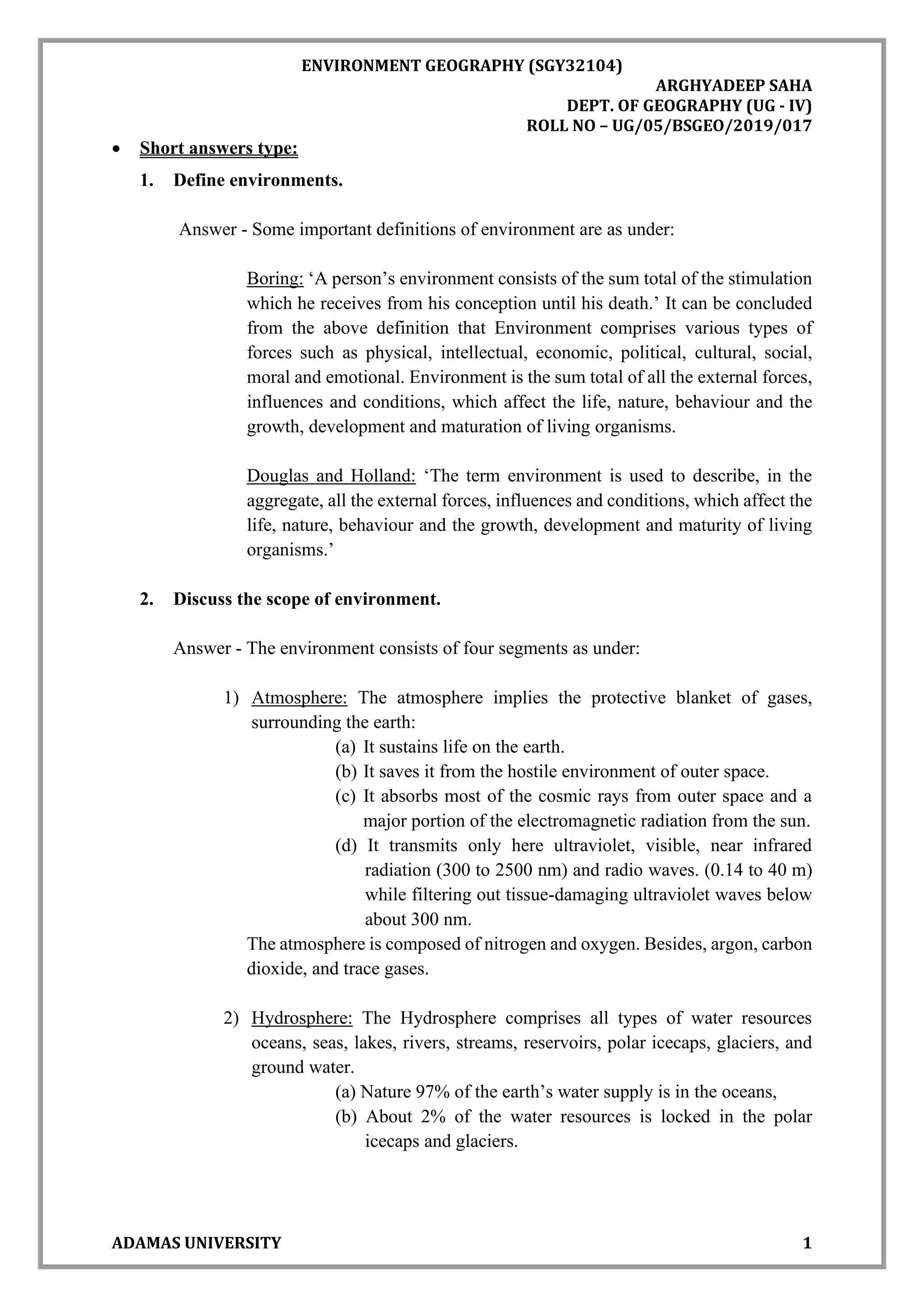 Environment geography question and answers | PDF
