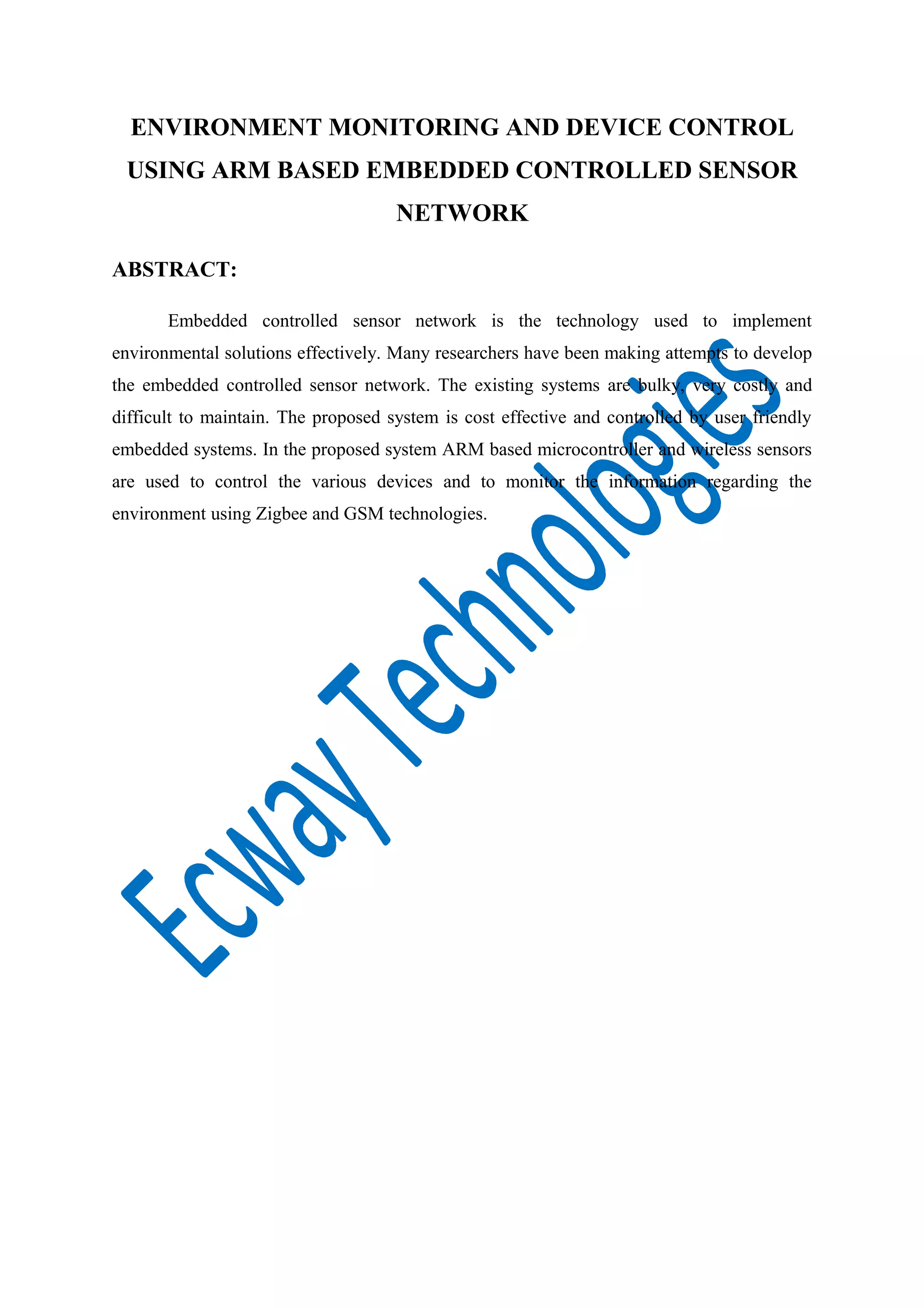 Environment monitoring and device control using arm based embedded controlled sensor network ...