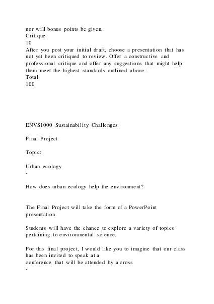 ENVS1000 Sustainability ChallengesFinal ProjectTopic Urban ec | PDF