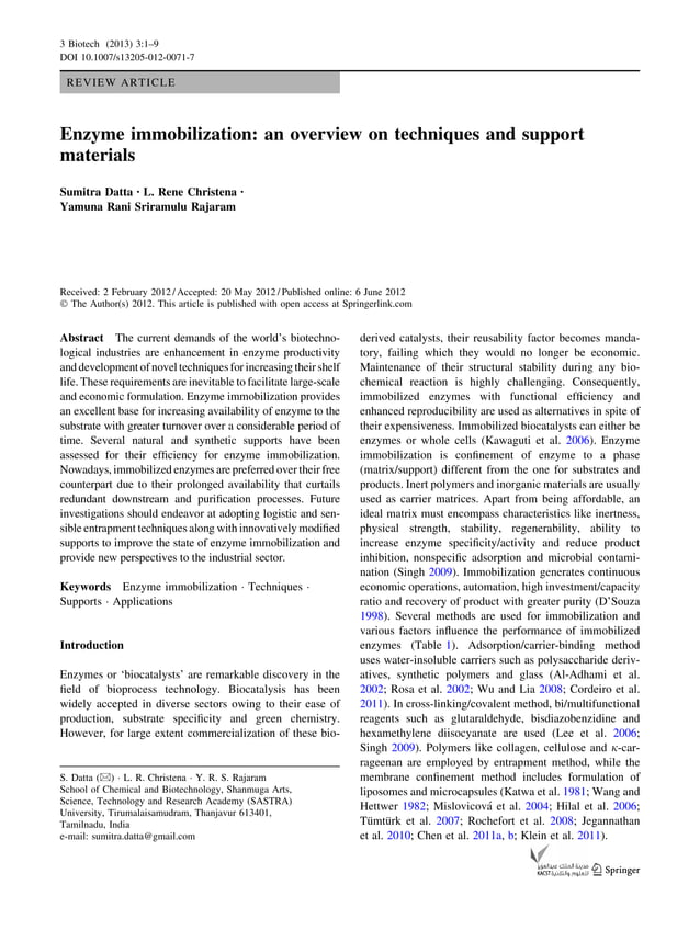 Enzyme immobilization an overview on techniques and support | PDF