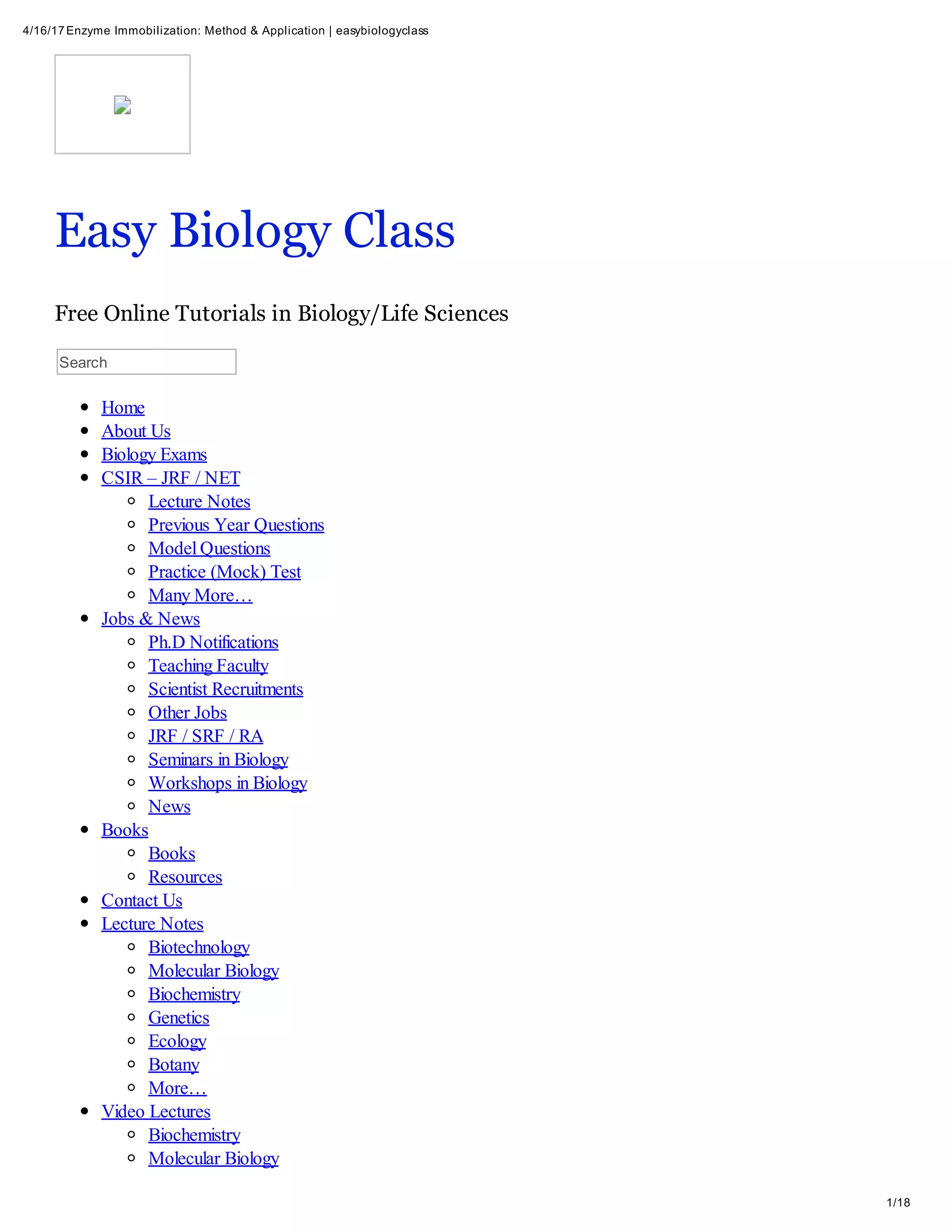 Enzyme immobilization method & application easybiologyclass | PDF