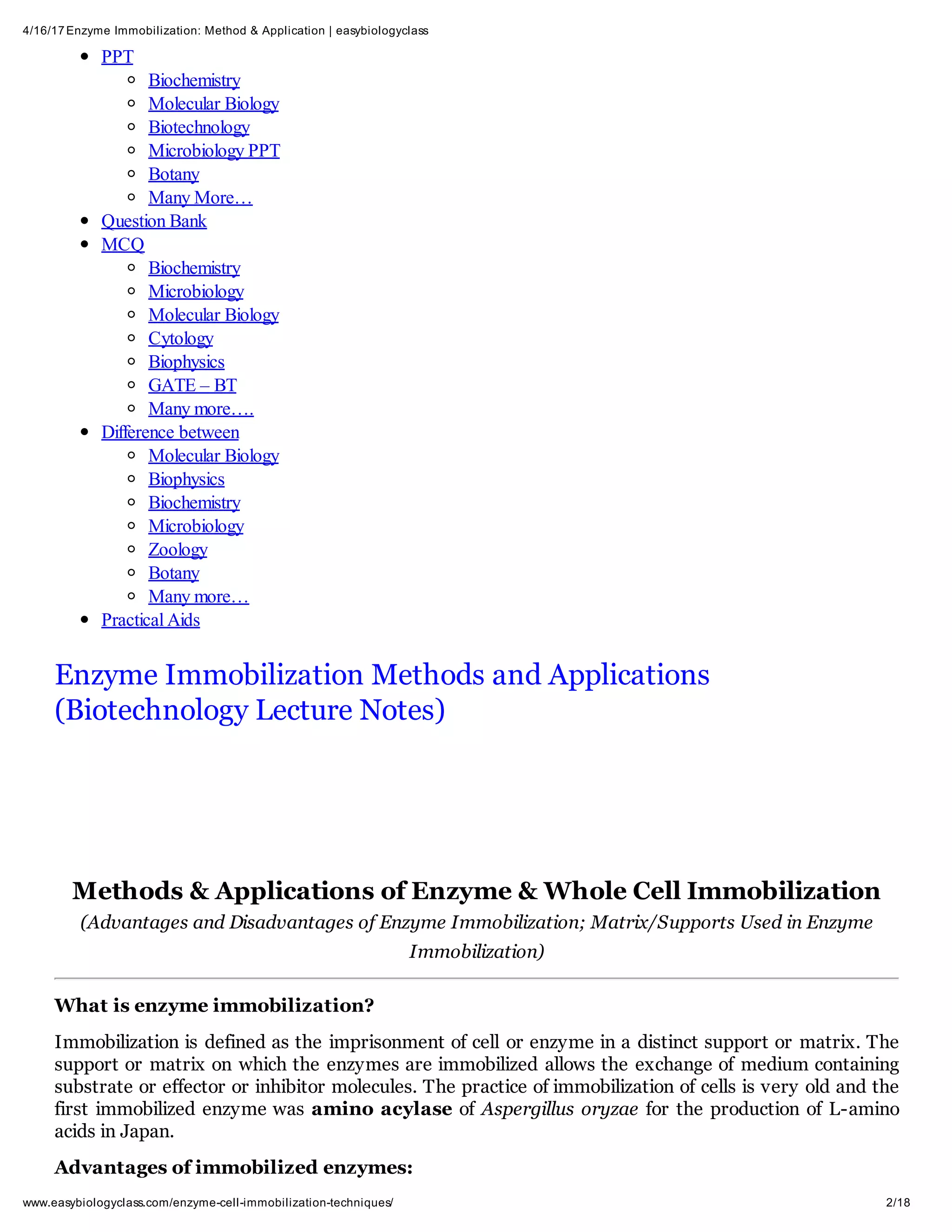 Enzyme immobilization method & application easybiologyclass | PDF
