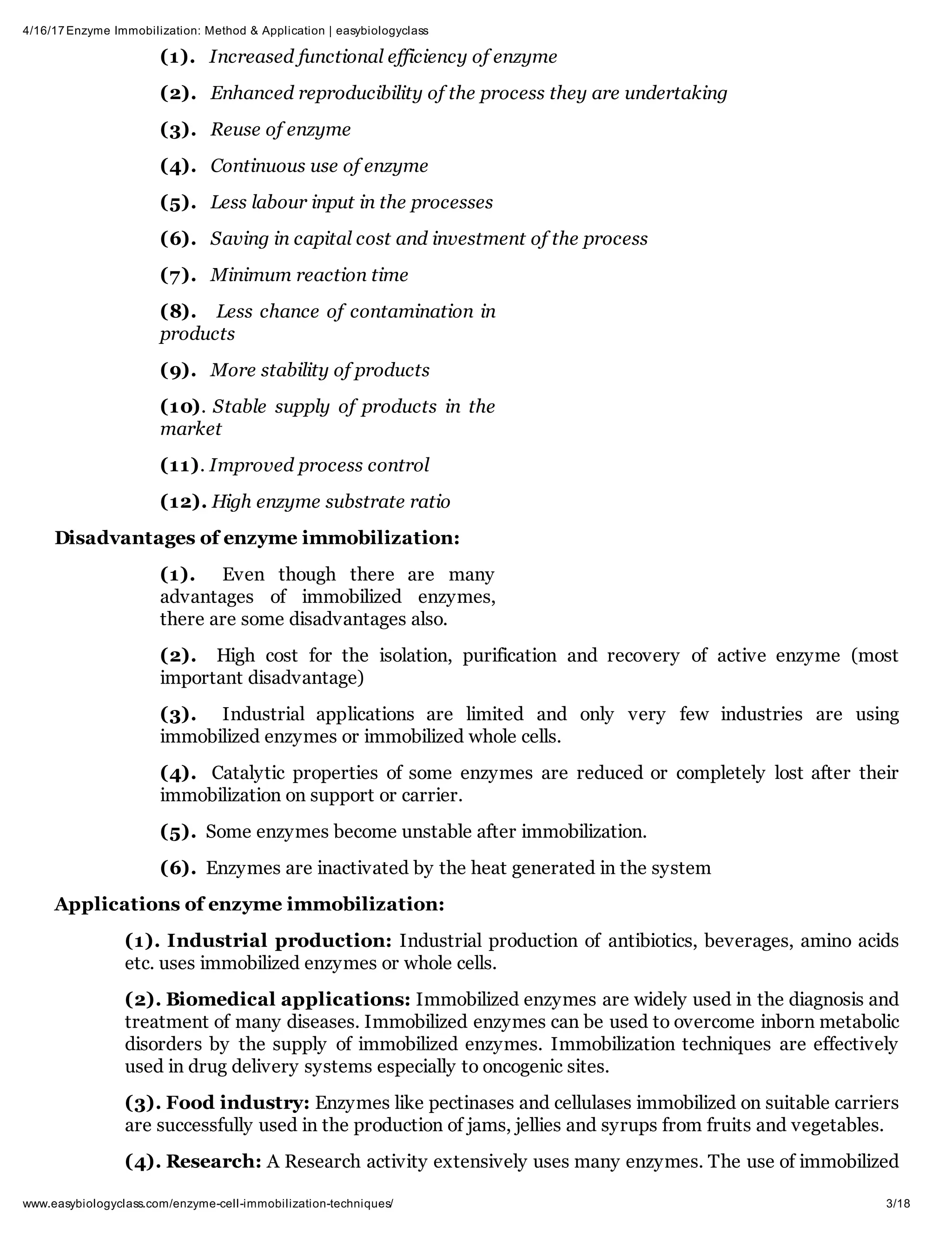 Enzyme immobilization method & application easybiologyclass | PDF