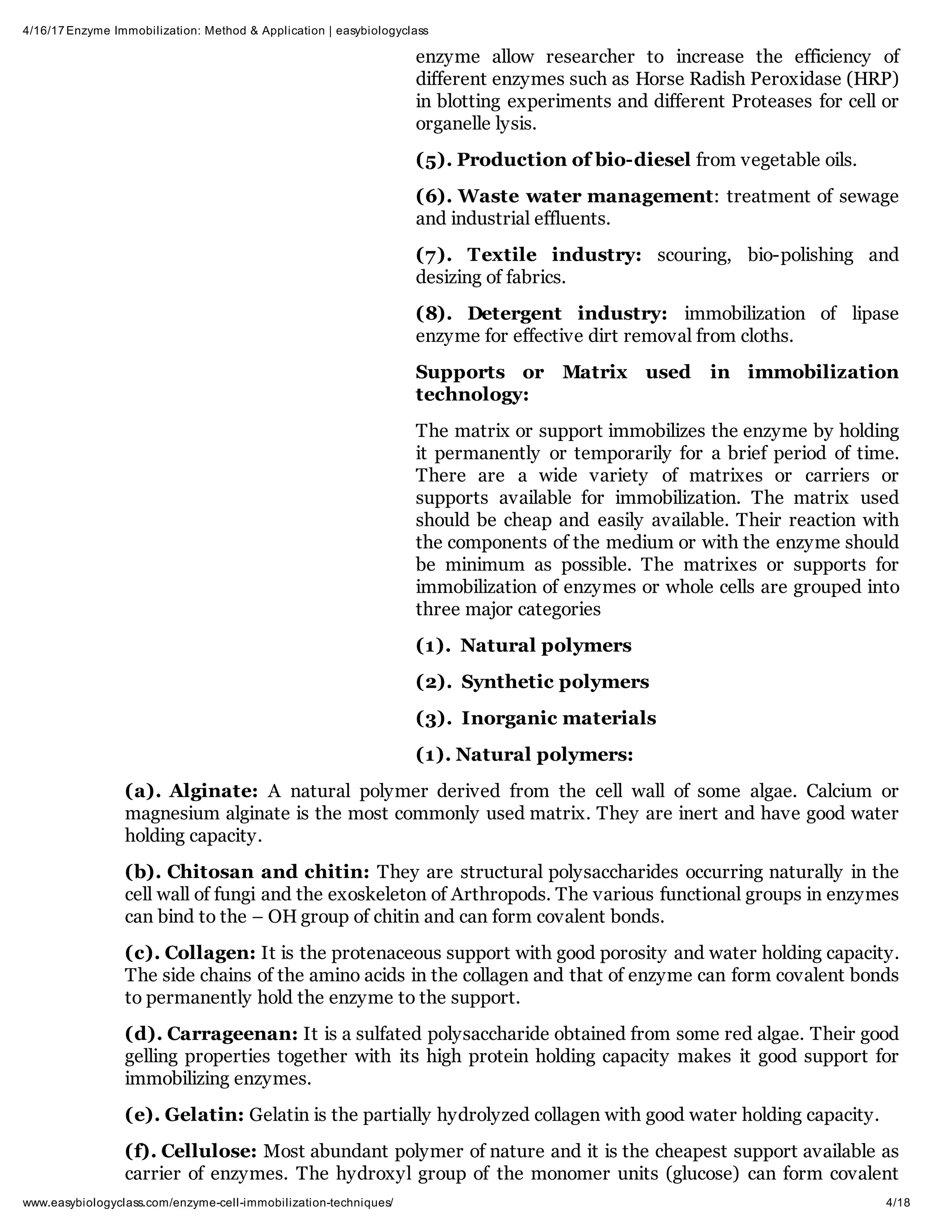 Enzyme immobilization method & application easybiologyclass | PDF