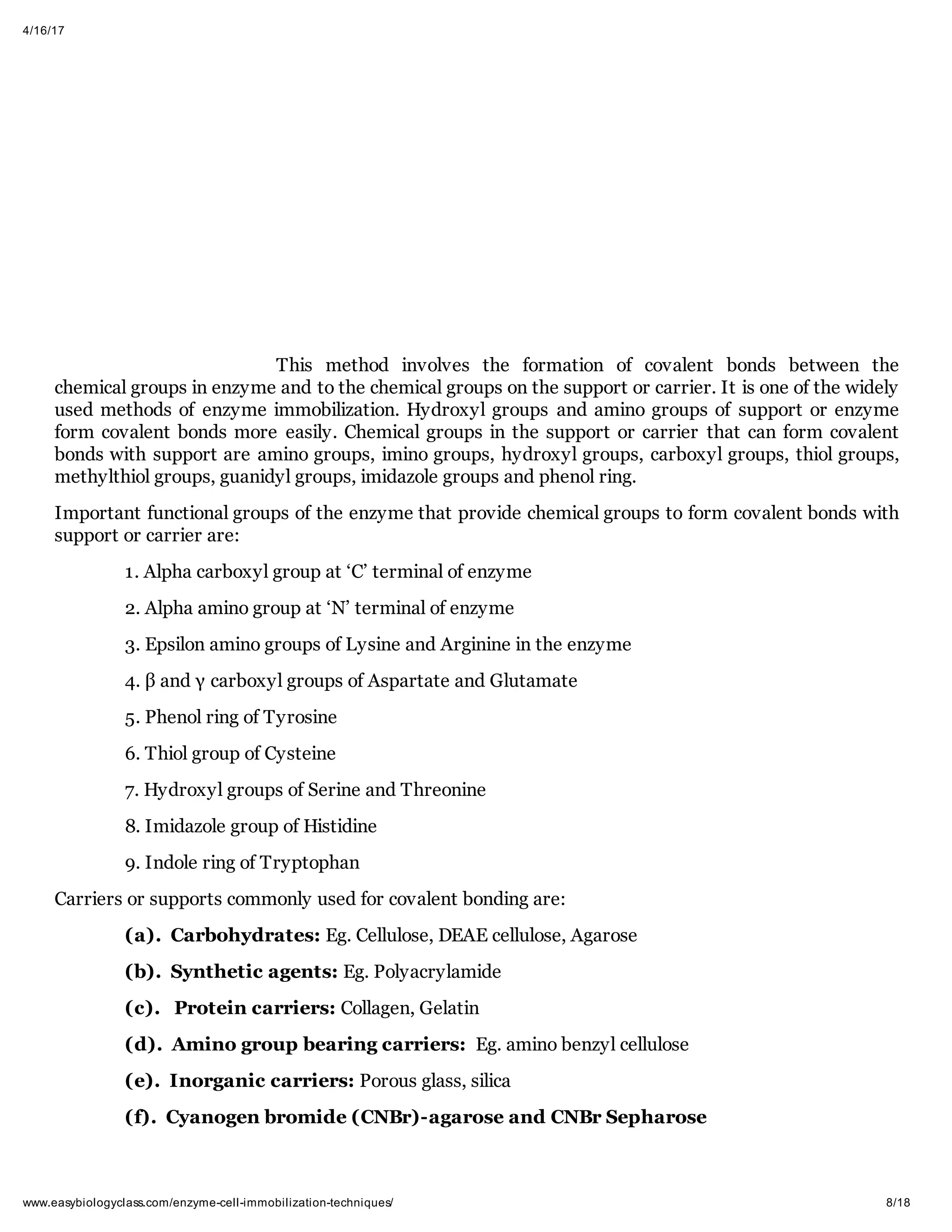 Enzyme immobilization method & application easybiologyclass | PDF